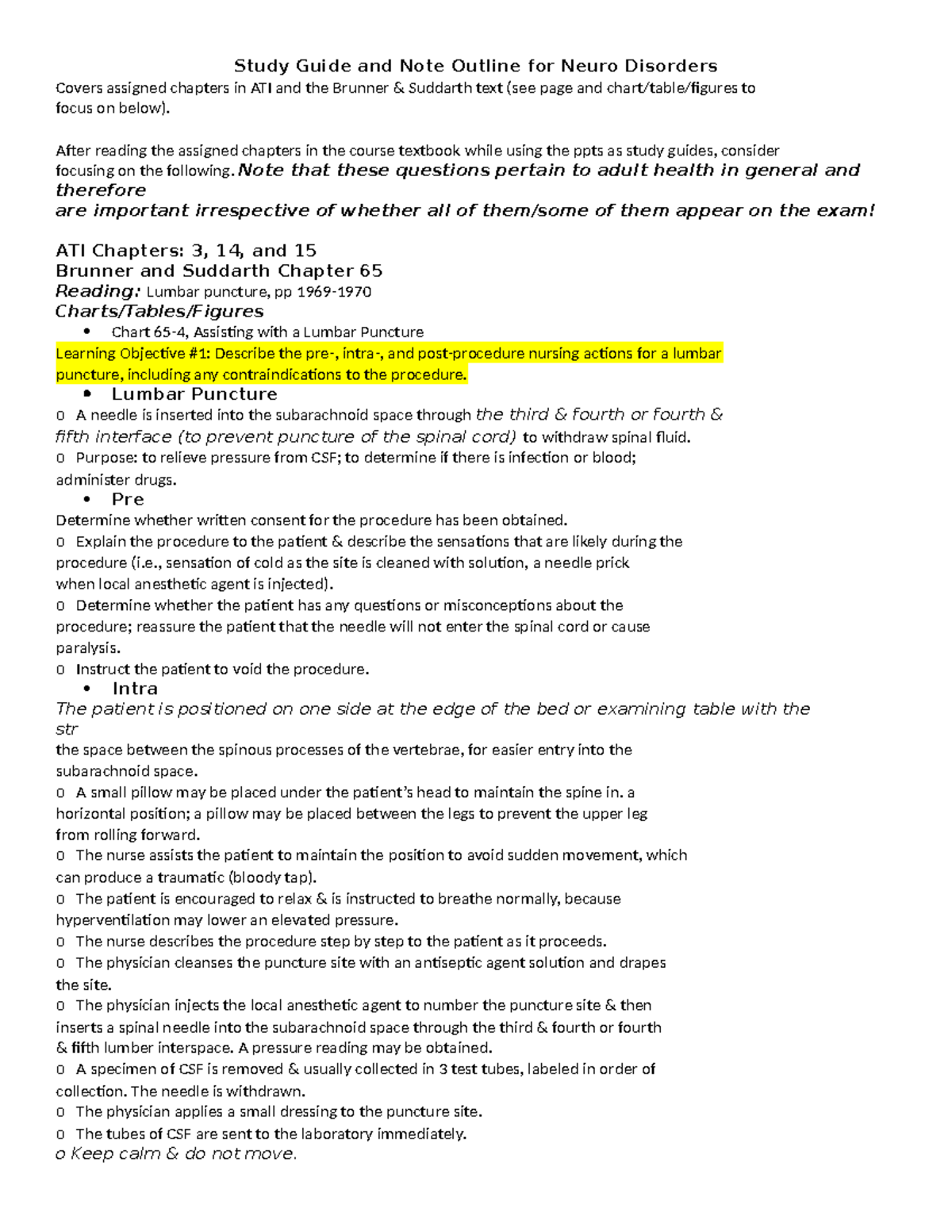 Study Guide for Neuro Disorders - ATI 3, 14, 15 & Brunner 65-67 - Studocu