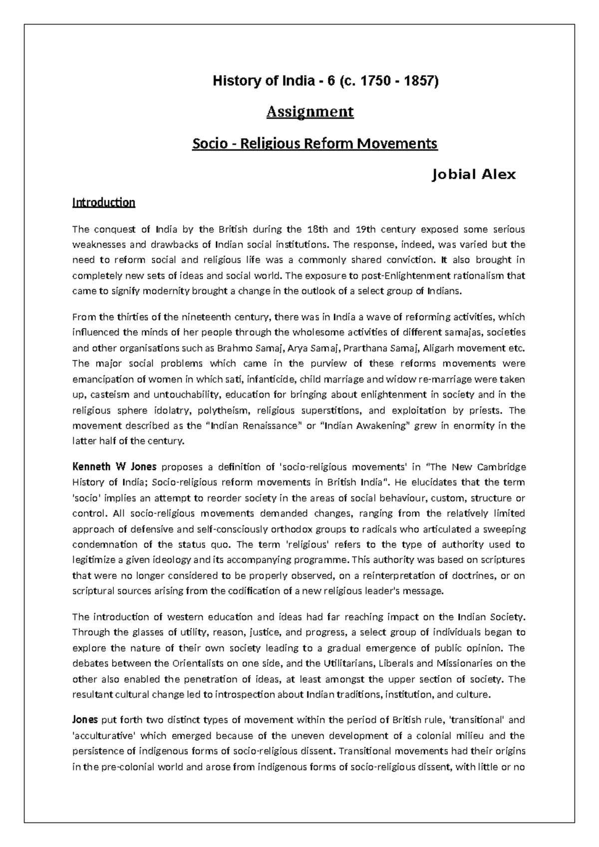 Socio-Religious Reform Movements in India (HOI6) Assignment - Studocu