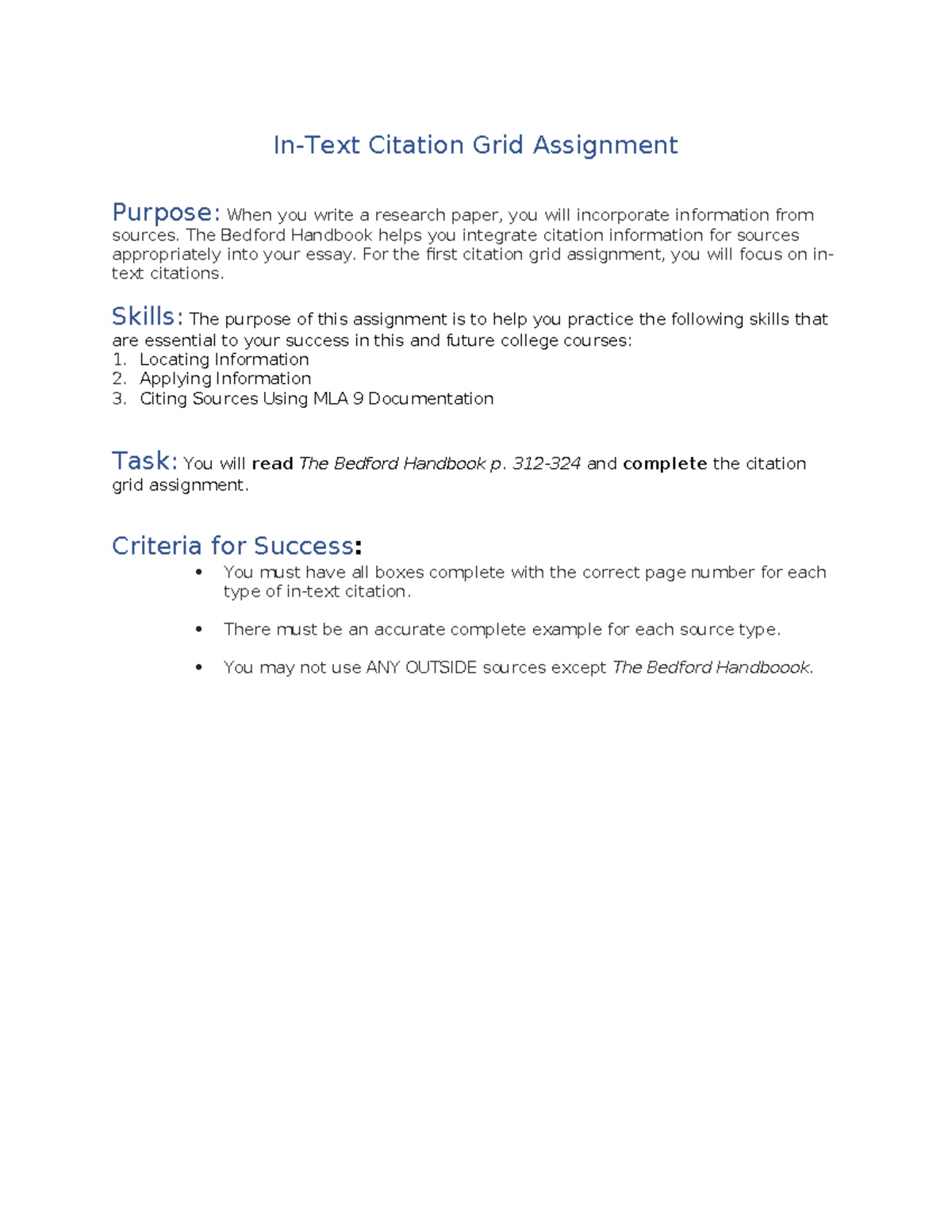 MLA 9 In-Text Citation Grid Assignment for Research Papers - Studocu