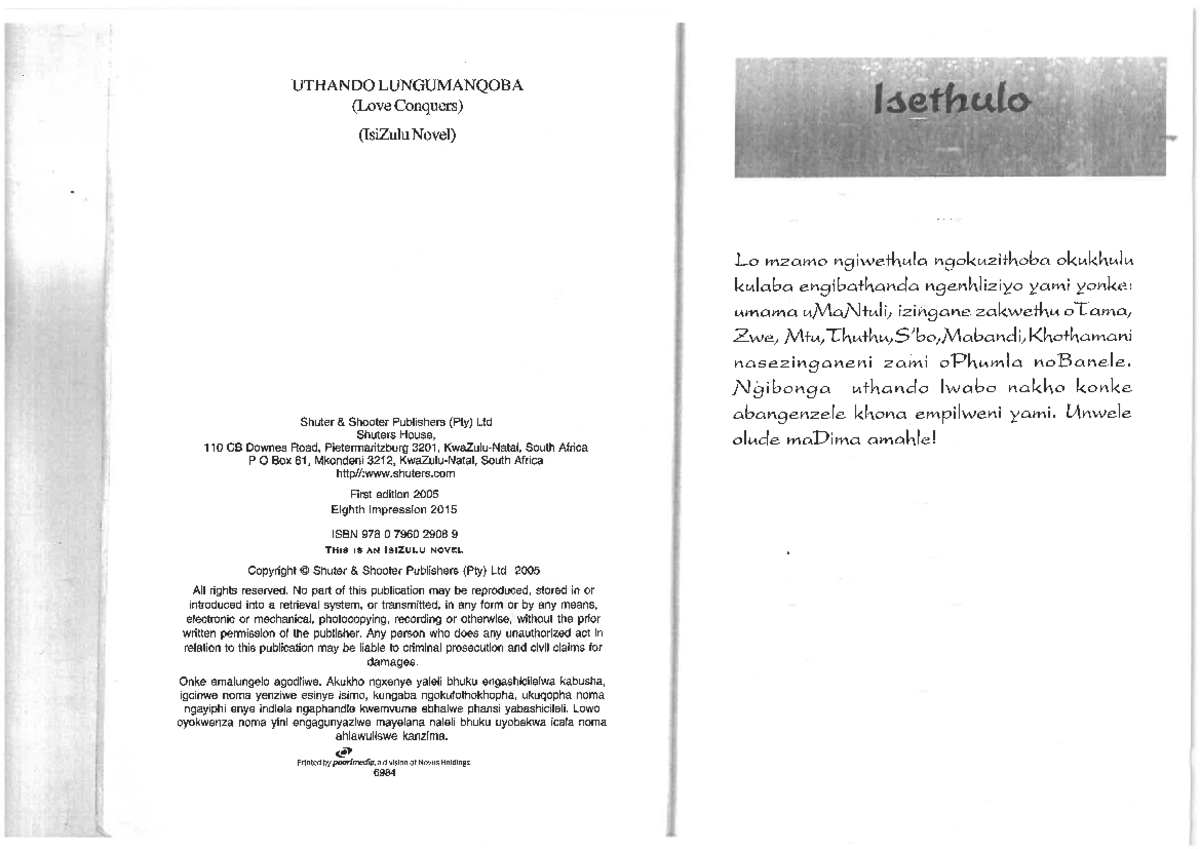 UTHANDO LUNGUMANQOBA: An Analysis of Love in IsiZulu Literature - Studocu