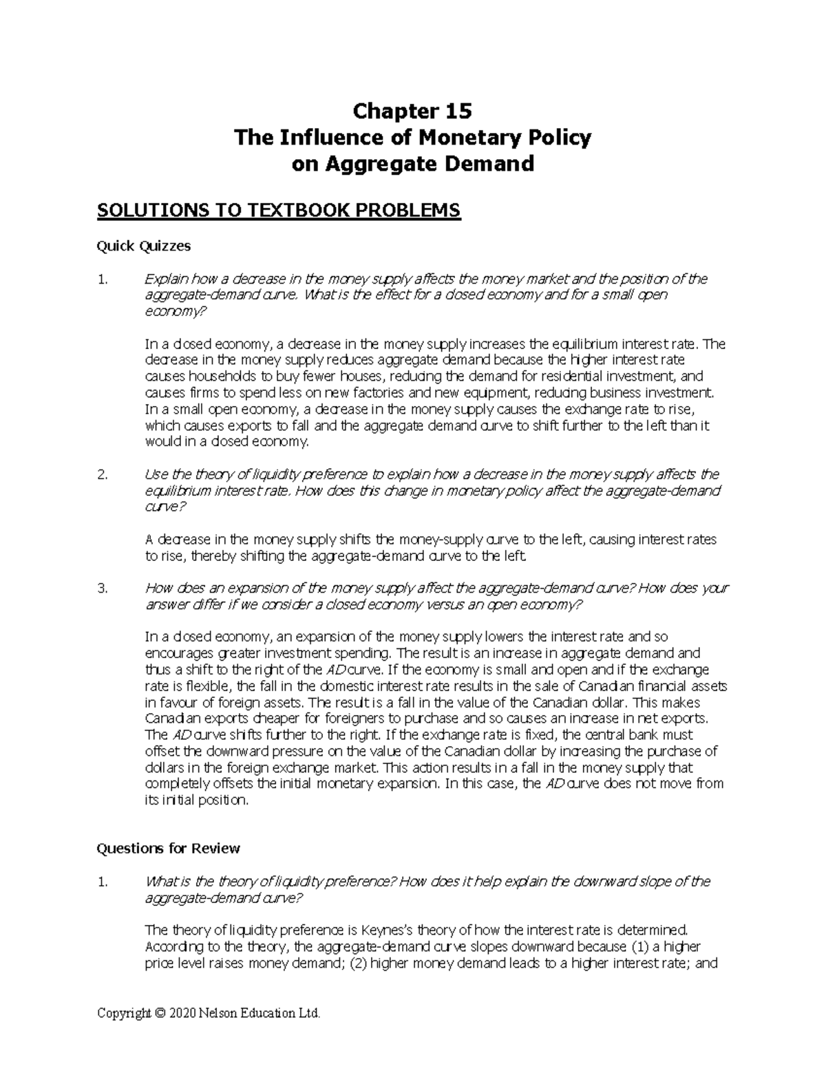 Chapter 15: Practice Questions on Monetary Policy & Aggregate Demand ...