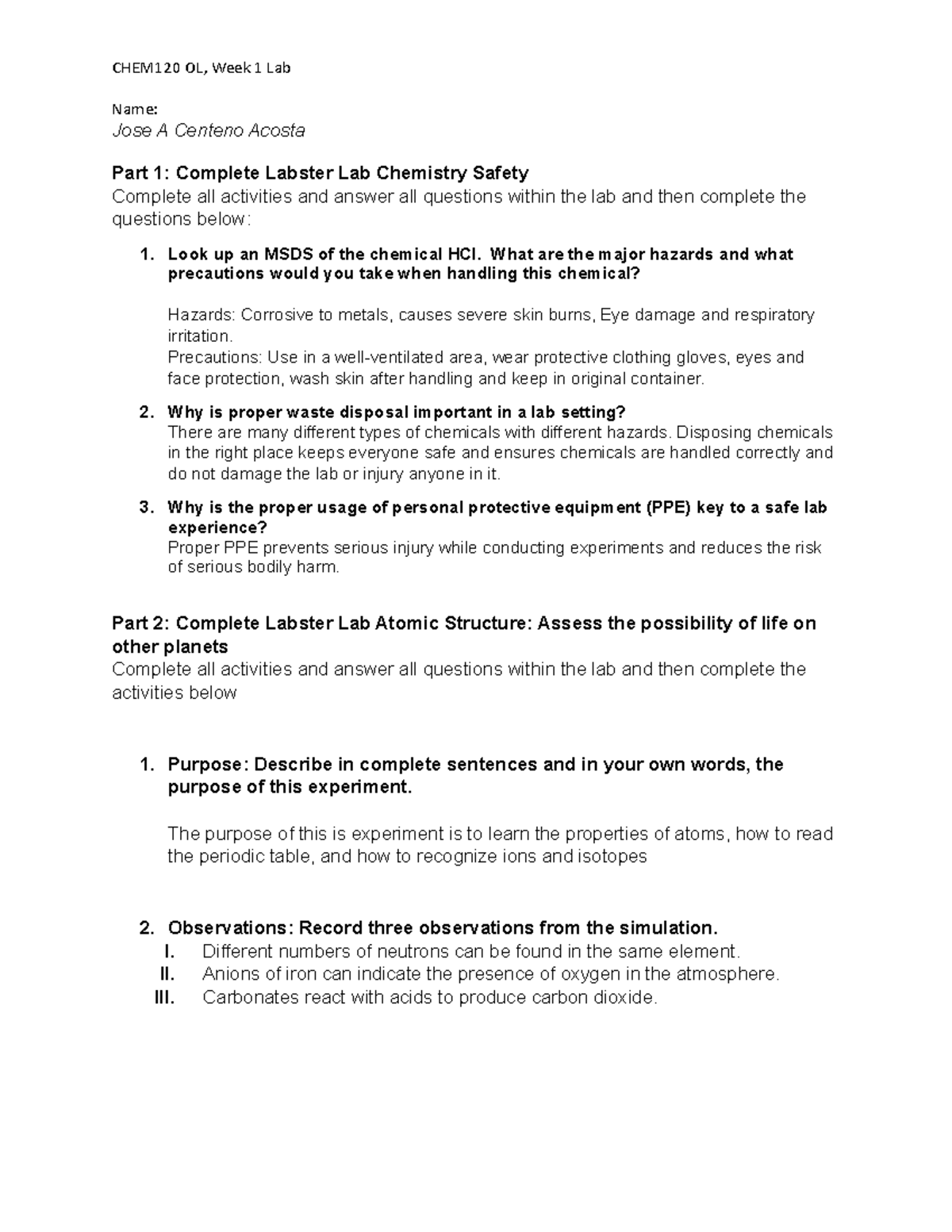 CHEM120 Wk 1 Lab Report: Chemistry Safety & Atomic Structure - Studocu