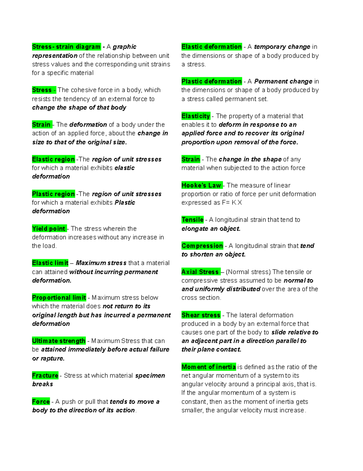 Strain Diagram Notes for Material Stress Analysis - ME 101 - Studocu