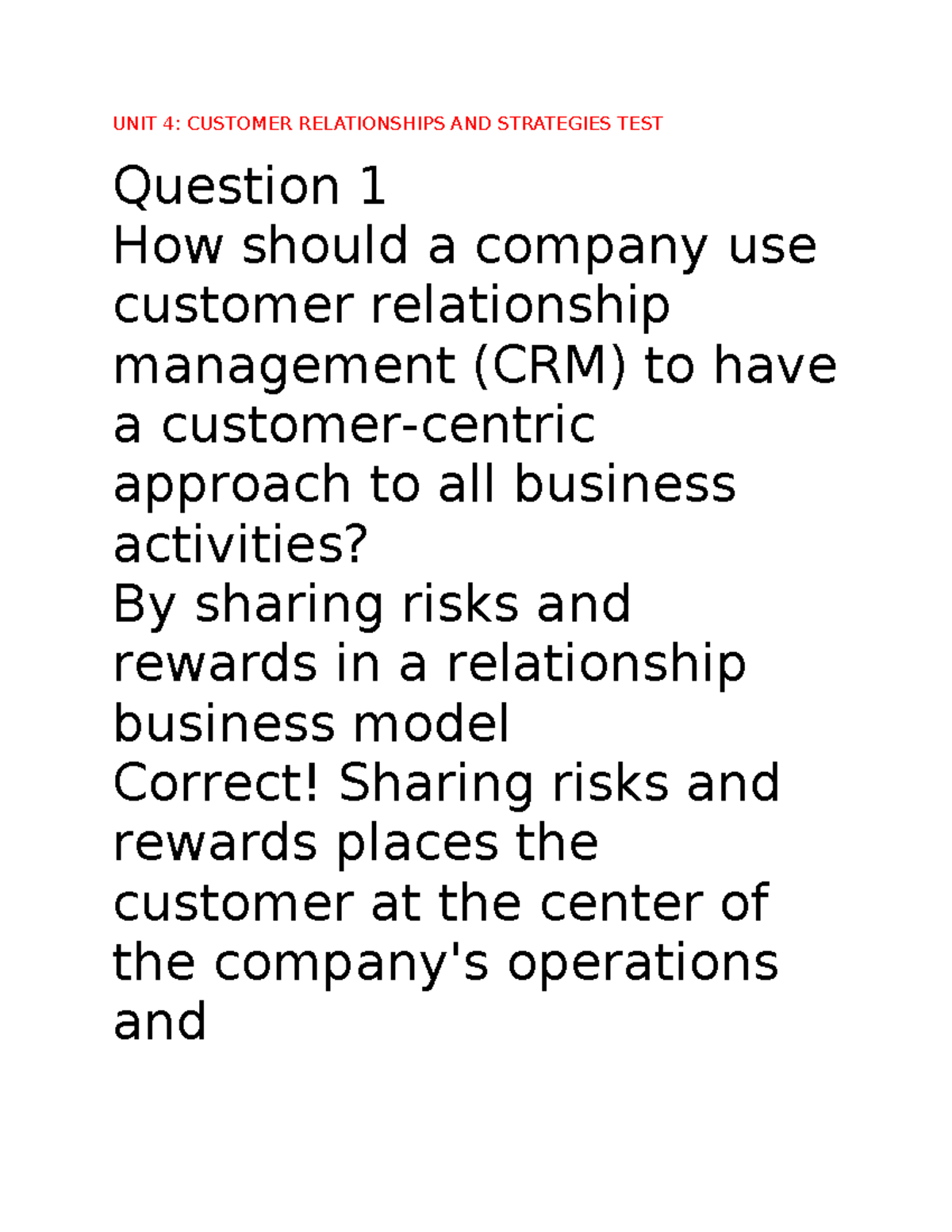 D099 - Unit 4: Customer Relationships & CRM Strategies Test - Studocu