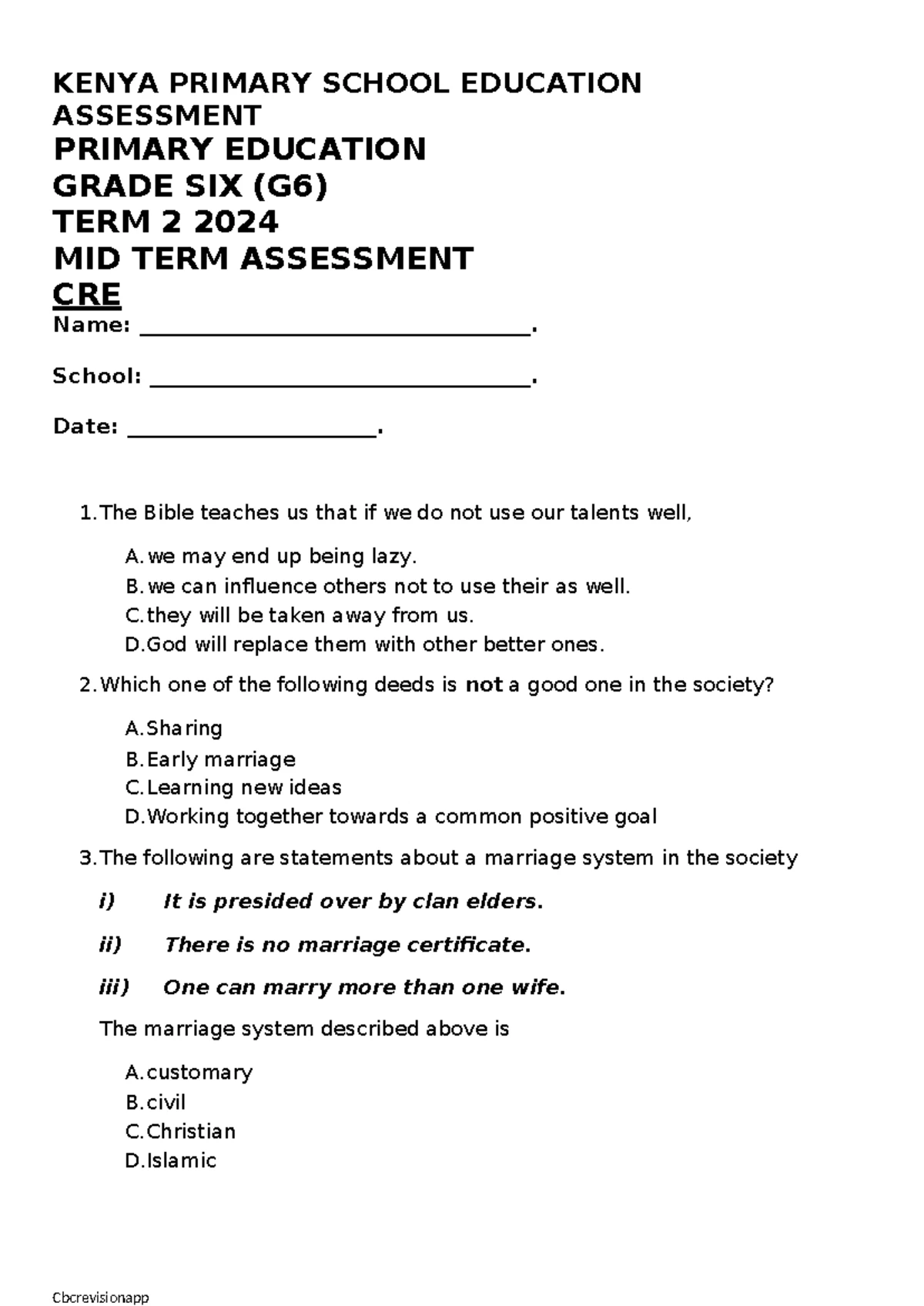 Grade 6 CRE Midterm Assessment 2024 - Questions & Marking Scheme - Studocu