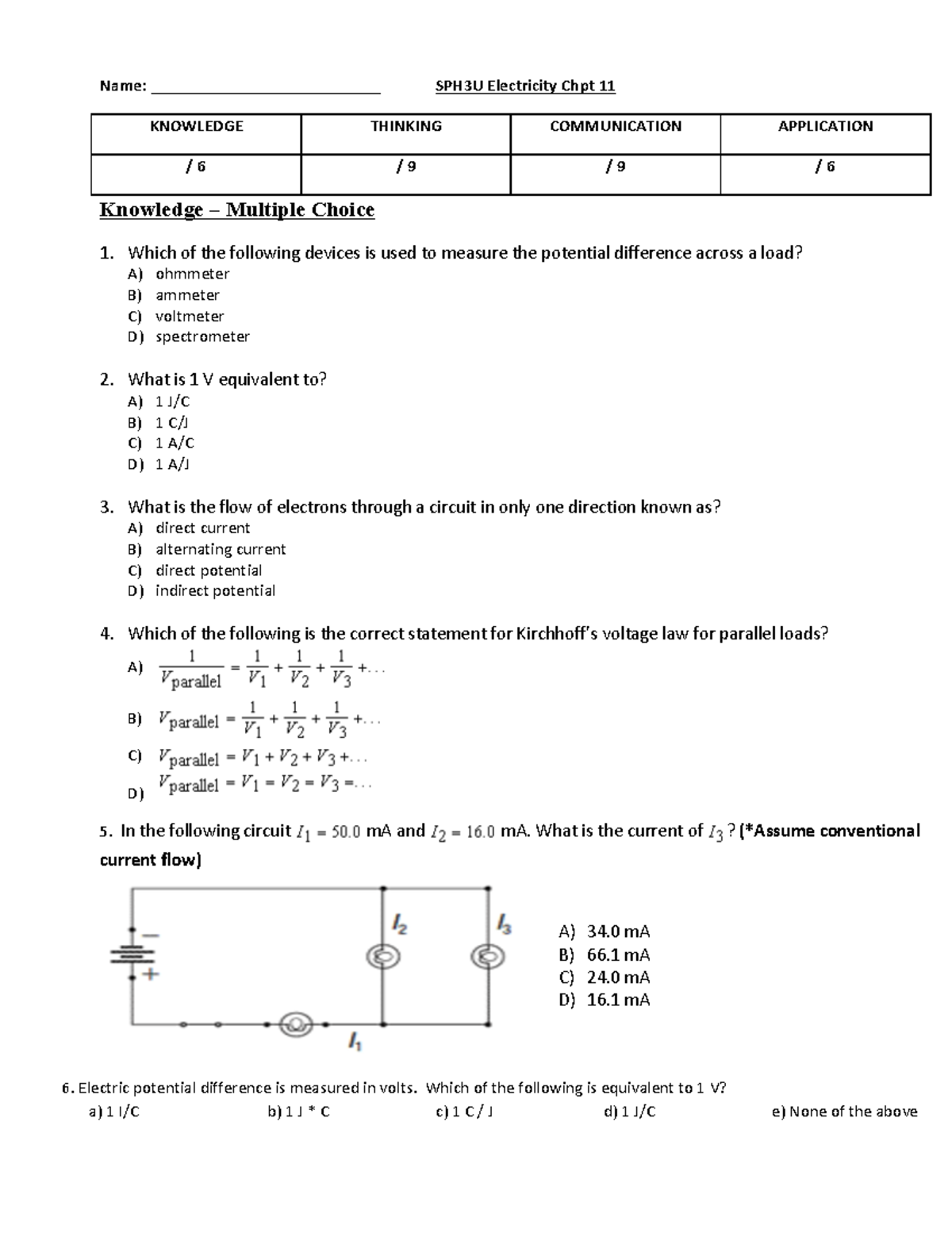 SPH3U Electricity Chpt 11 Practice Quiz on Circuits and Voltage - Studocu