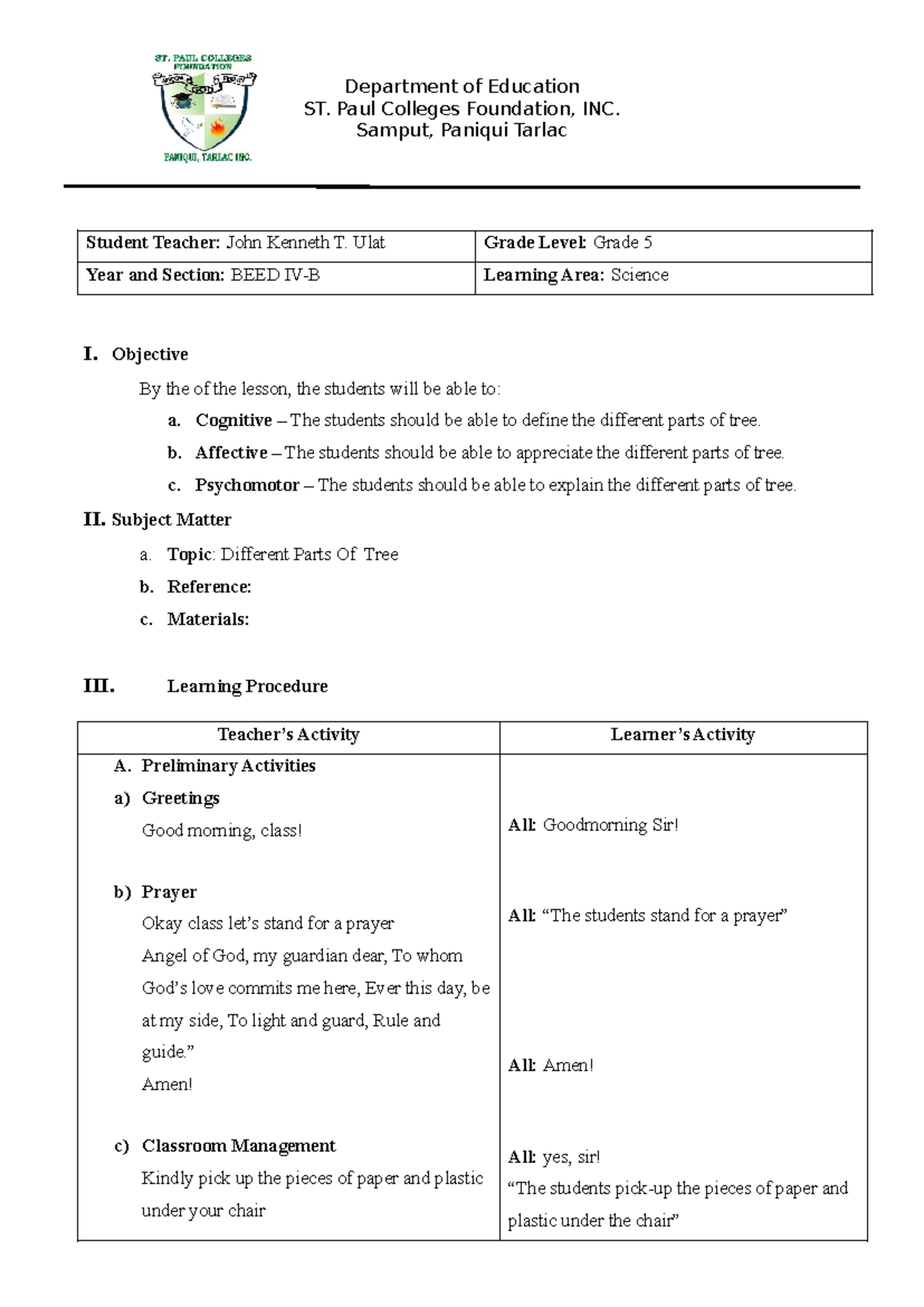 Semi-Detailed Lesson Plan for Grade 5 Science: Tree Parts - Studocu