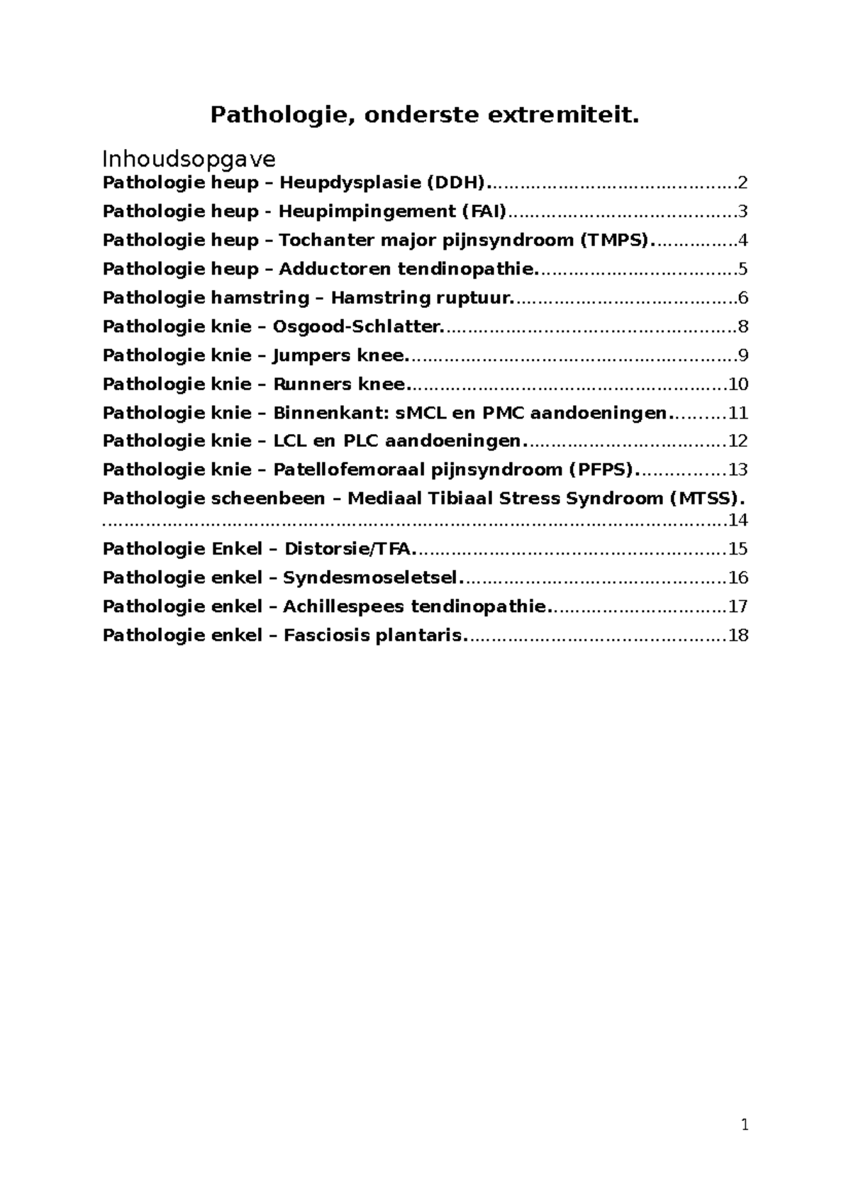 Pathologie Onderste Extremiteit: Inhoudsopgave en Analyse - Studeersnel