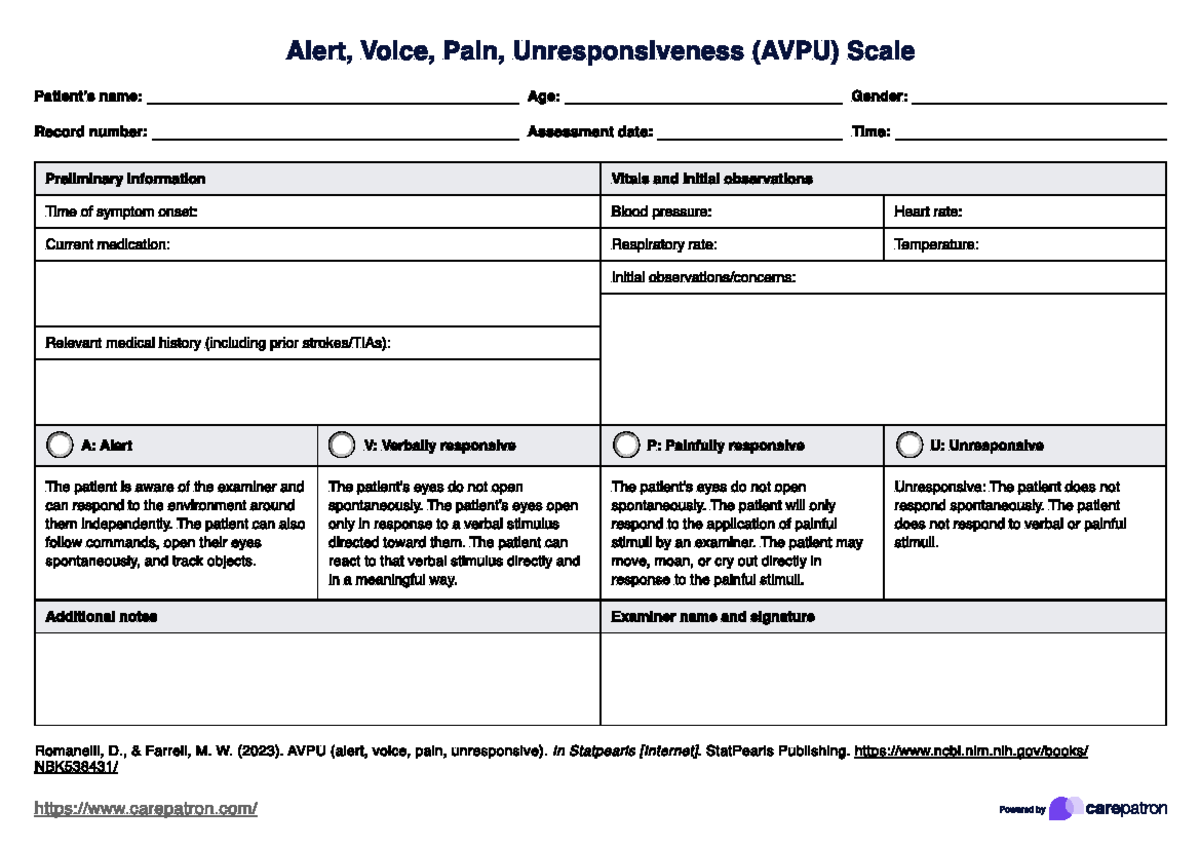 Avpu-scale - AVPU - carepatron/ Alert, Voice, Pain, Unresponsiveness (AVPU) Scale Preliminary ...