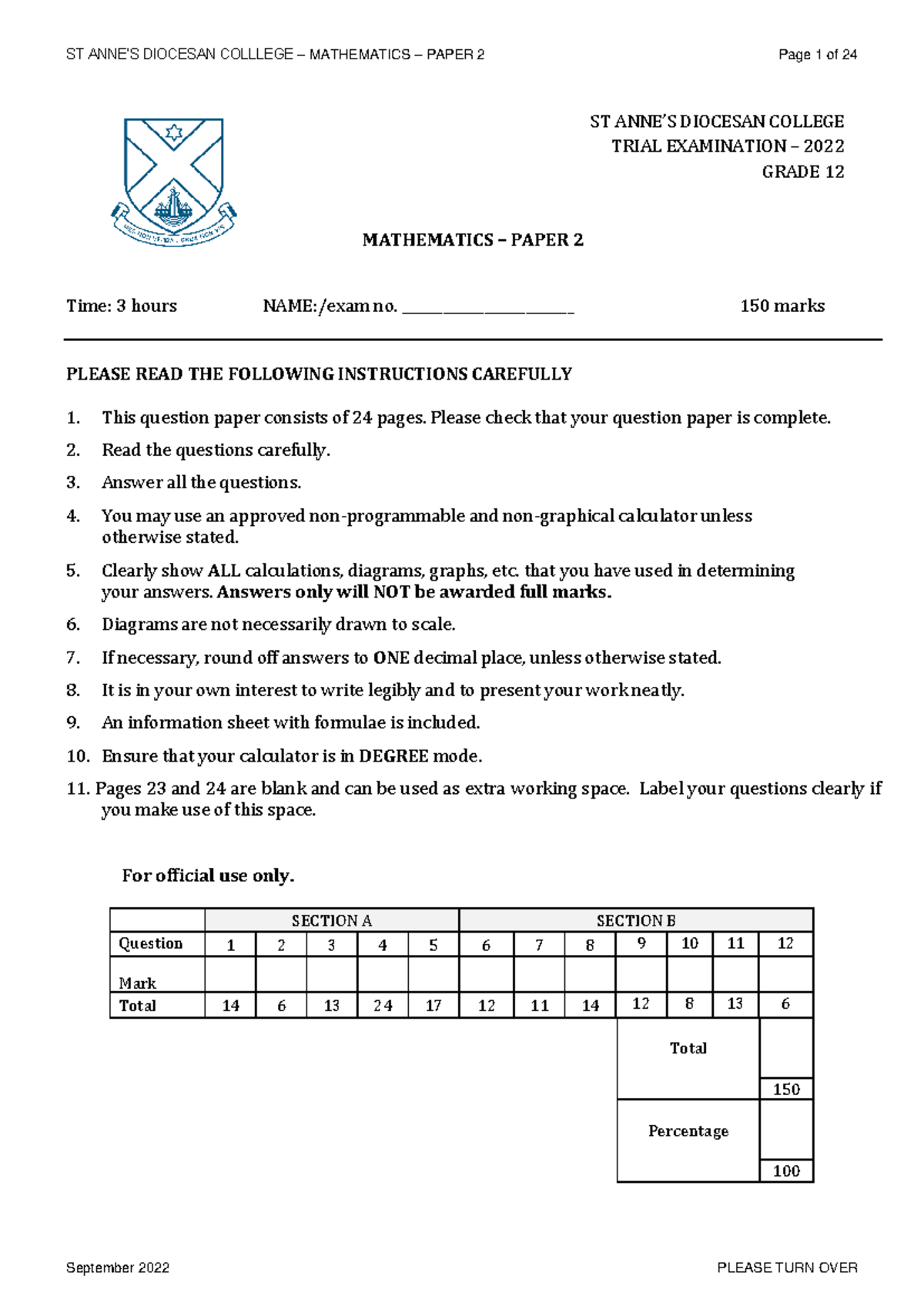 ST DIOCESAN GRADE 12 MATHEMATICS TRIAL EXAM 2022 PAPER 2 - Studocu