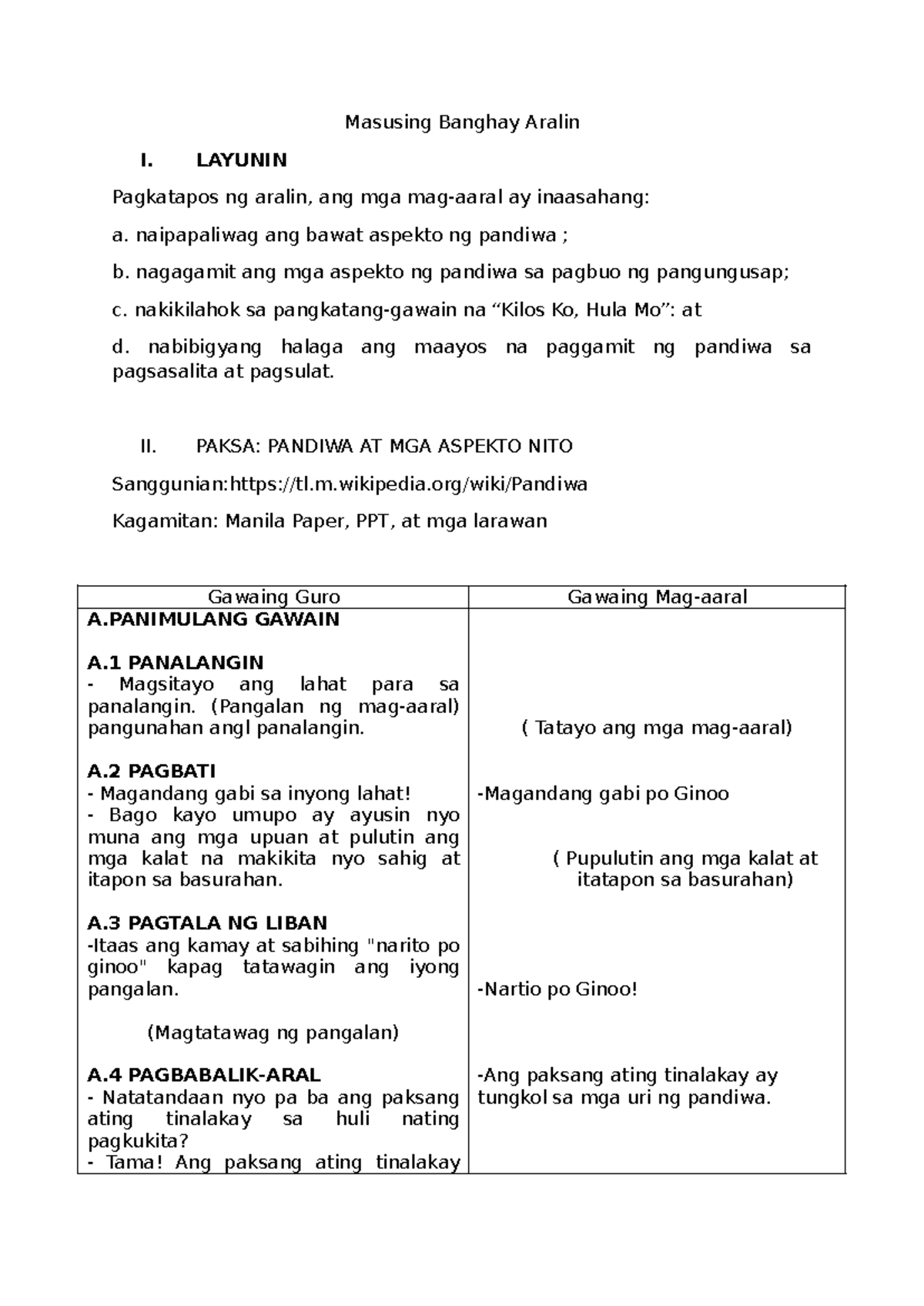 Pandiwa - Lesson Plans at PPT para sa Aralin ng Aspekto - Studocu