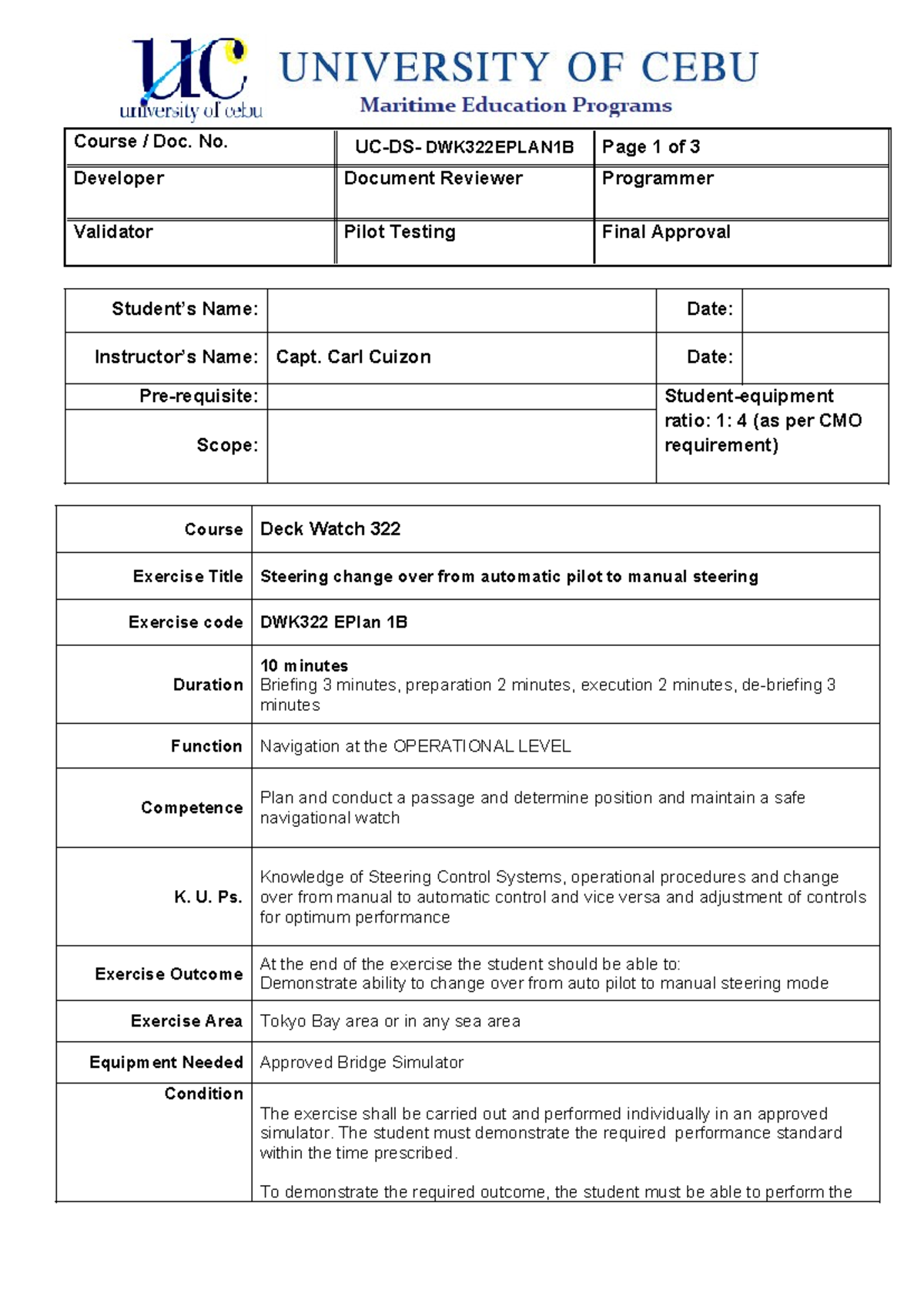 DWK322E: Pilot Testing Manual Steering Changeover Exercise Guide - Studocu