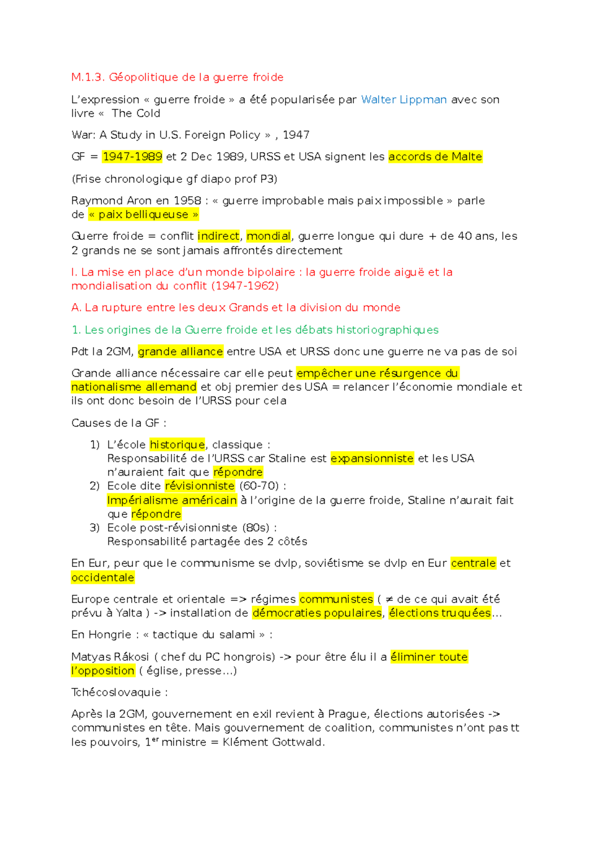 M.1 - Résumé des notes sur la Géopolitique de la Guerre Froide - Studocu