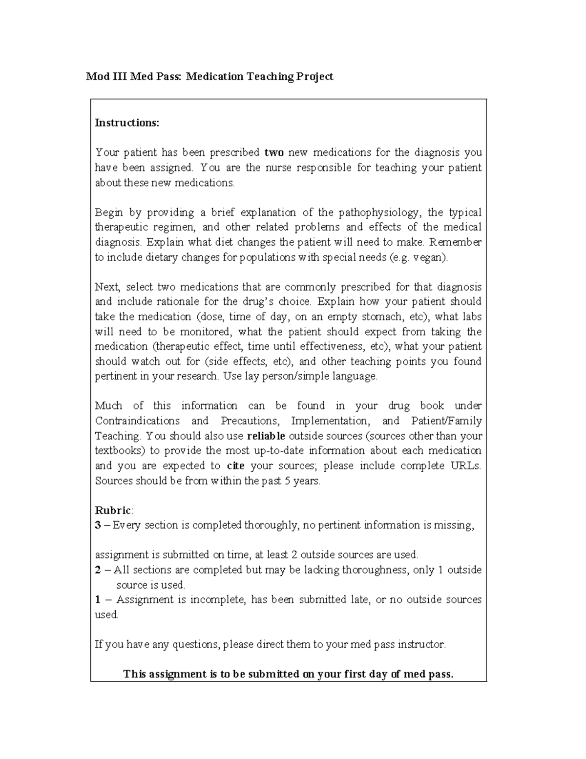 Completed Med Pass Teaching Plan - Mod III Med Pass: Medication ...