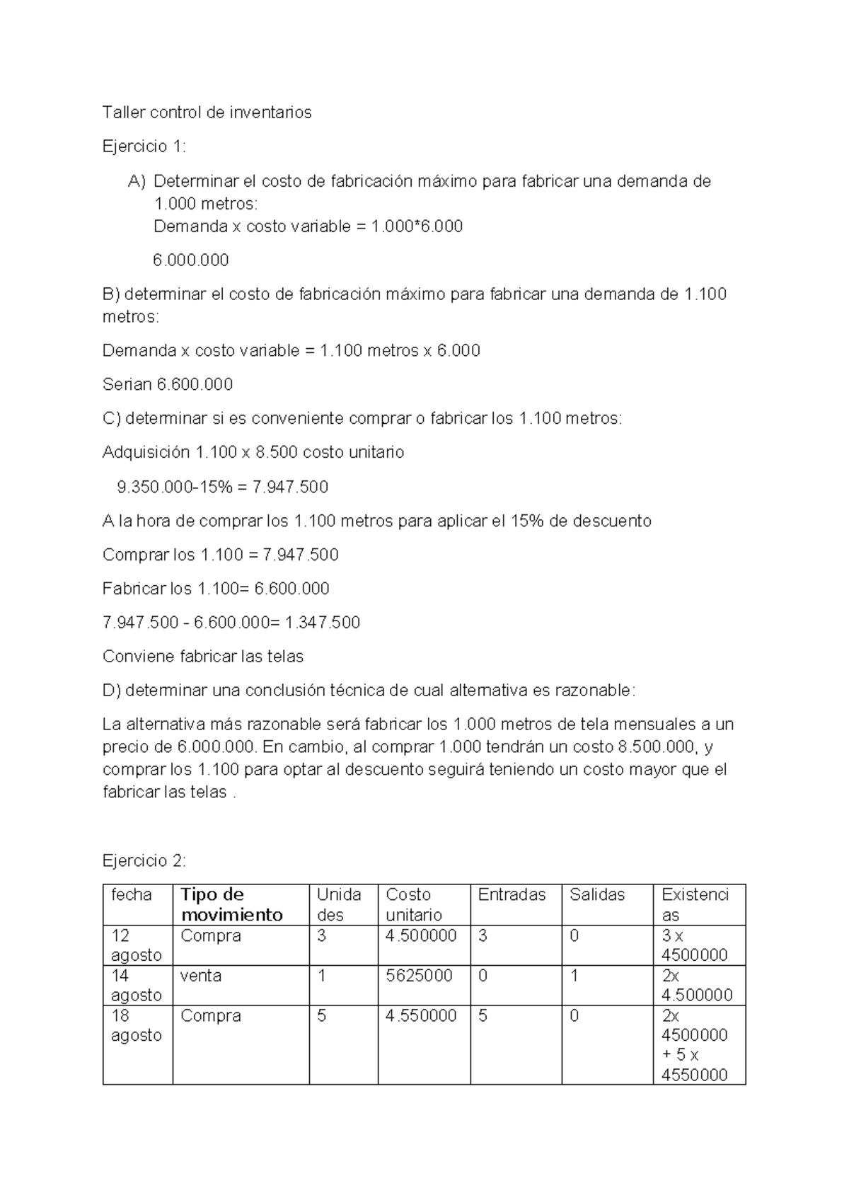Trabajo de Control de Inventarios - Ejercicio 1 y 2 - Studocu