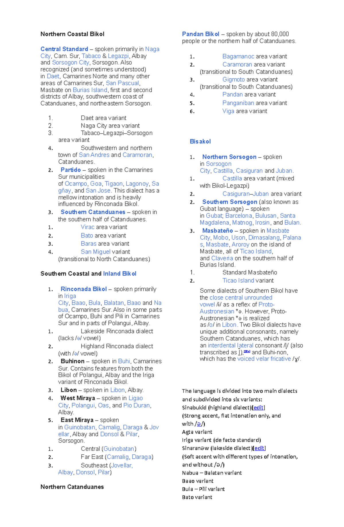 Bikol Dialect Variants Overview - Filipino Language Study - Studocu
