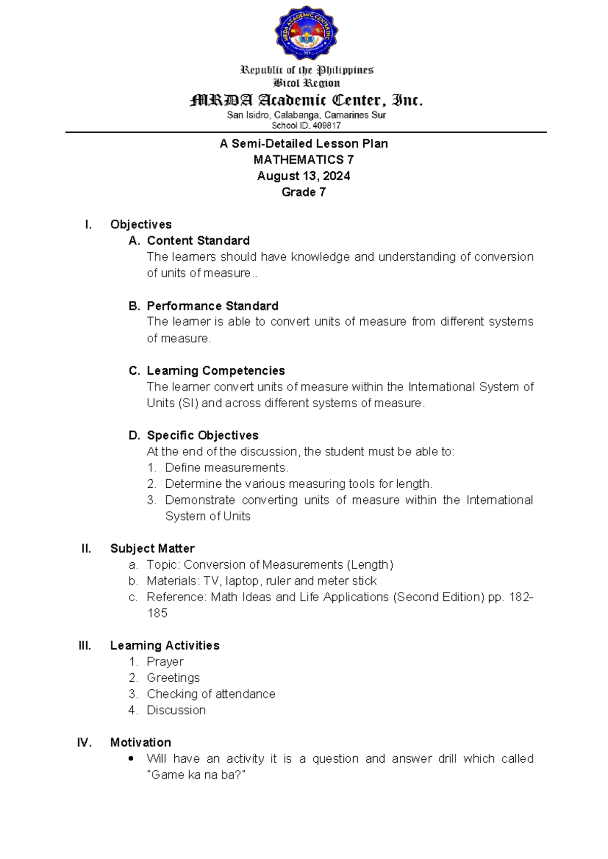 Semi-Detailed Lesson Plan: Math 7 - Conversion of Measurements - Studocu