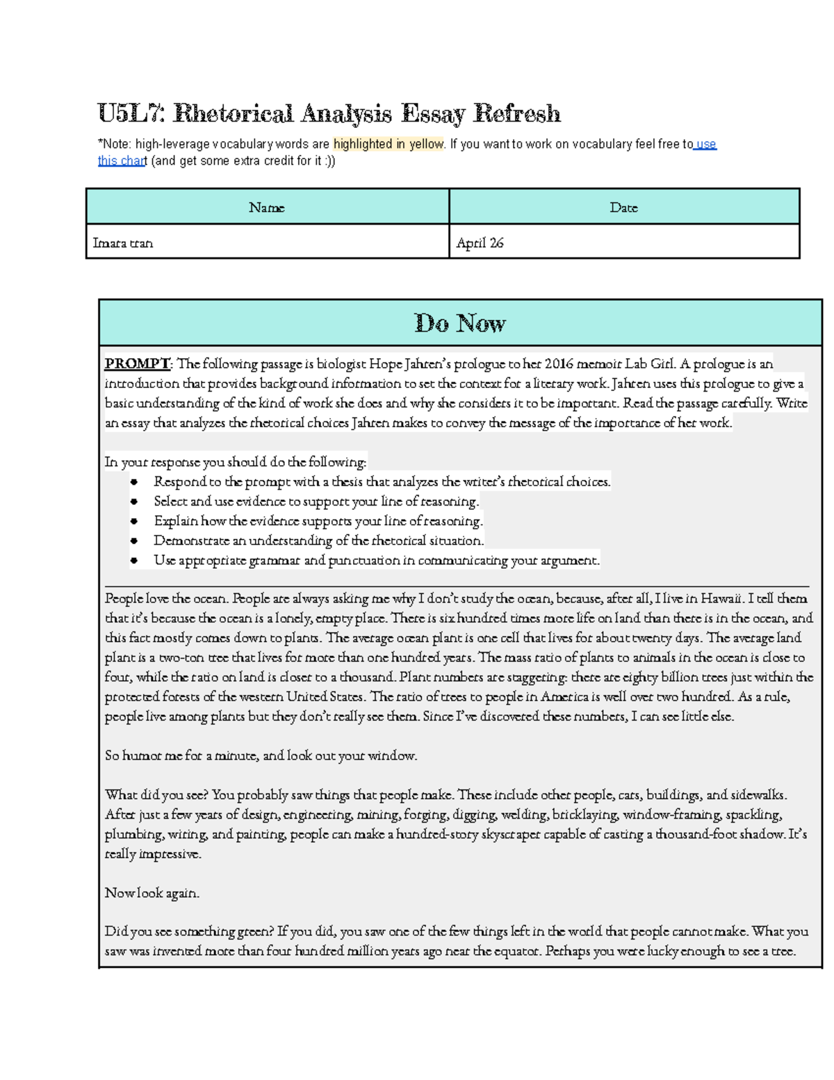 Rhetorical Analysis Essay Refresh for U5L7: Insights from Hope Jahren ...