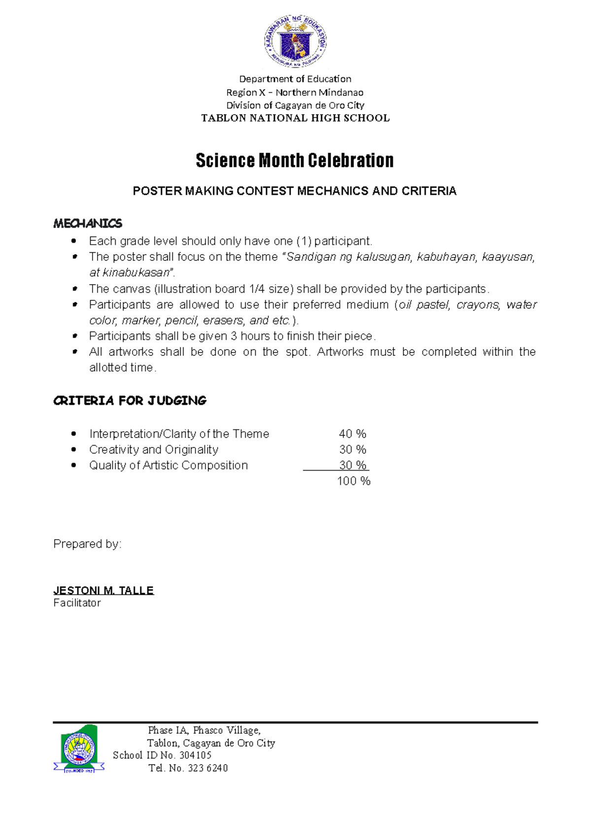 Poster Making Contest Criteria for Science Month Celebration - Studocu