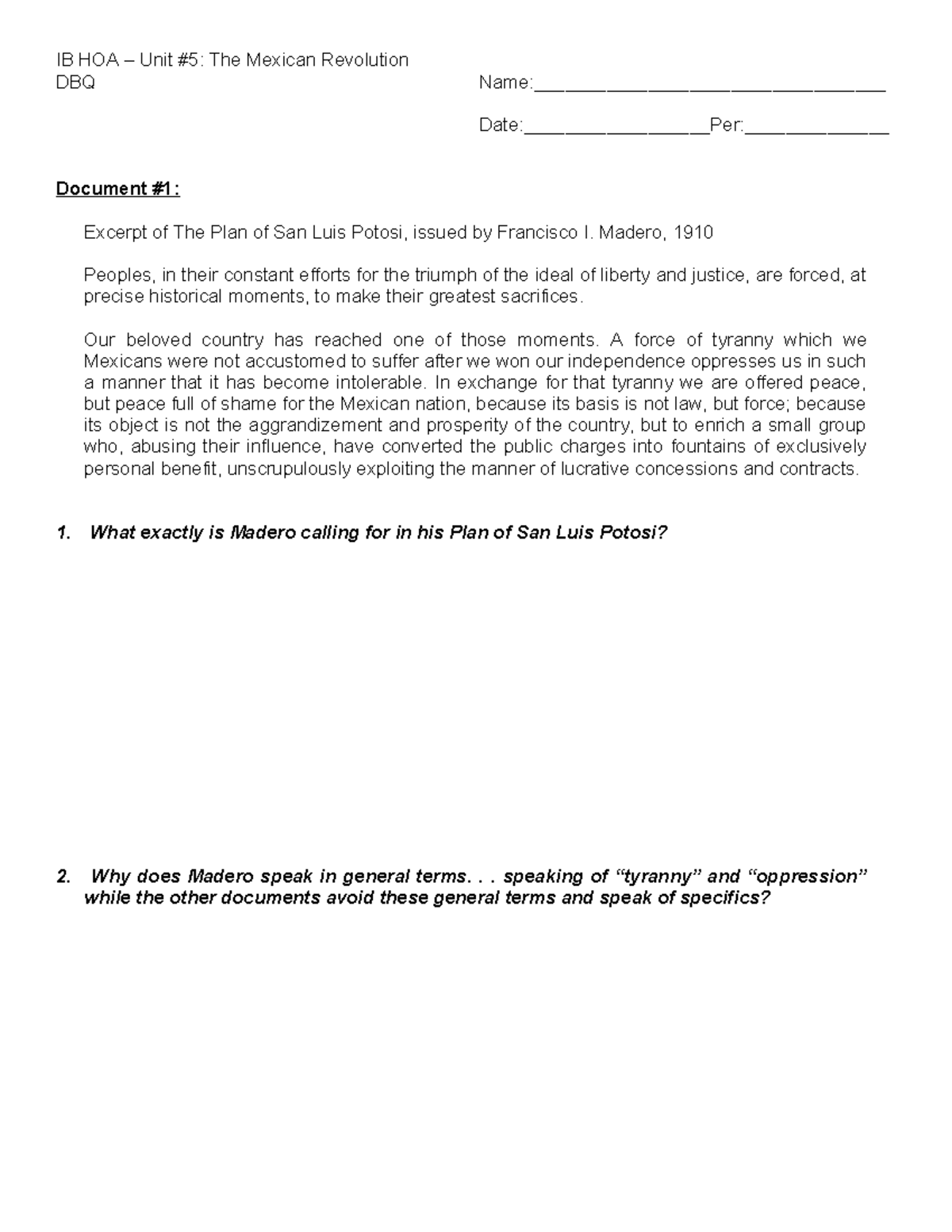 IB HOA Unit: The Mexican Revolution DBQ Analysis and Key Documents ...