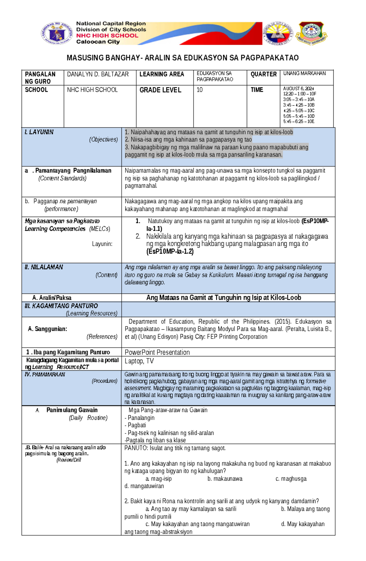 ESP 10 Q1W1D2 - Lecture Notes on Edukasyon sa Pagpapakatao - Studocu