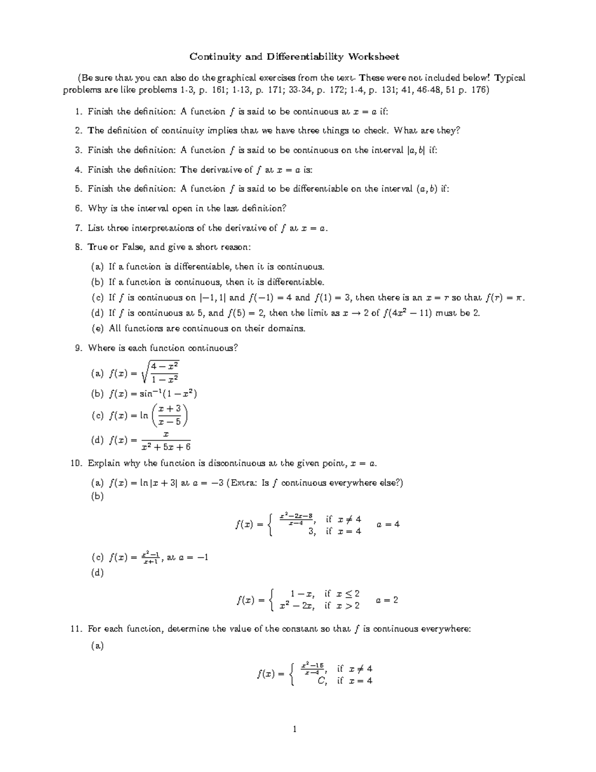Continuity and Differentiability Worksheet - Exercise 1B - Studocu