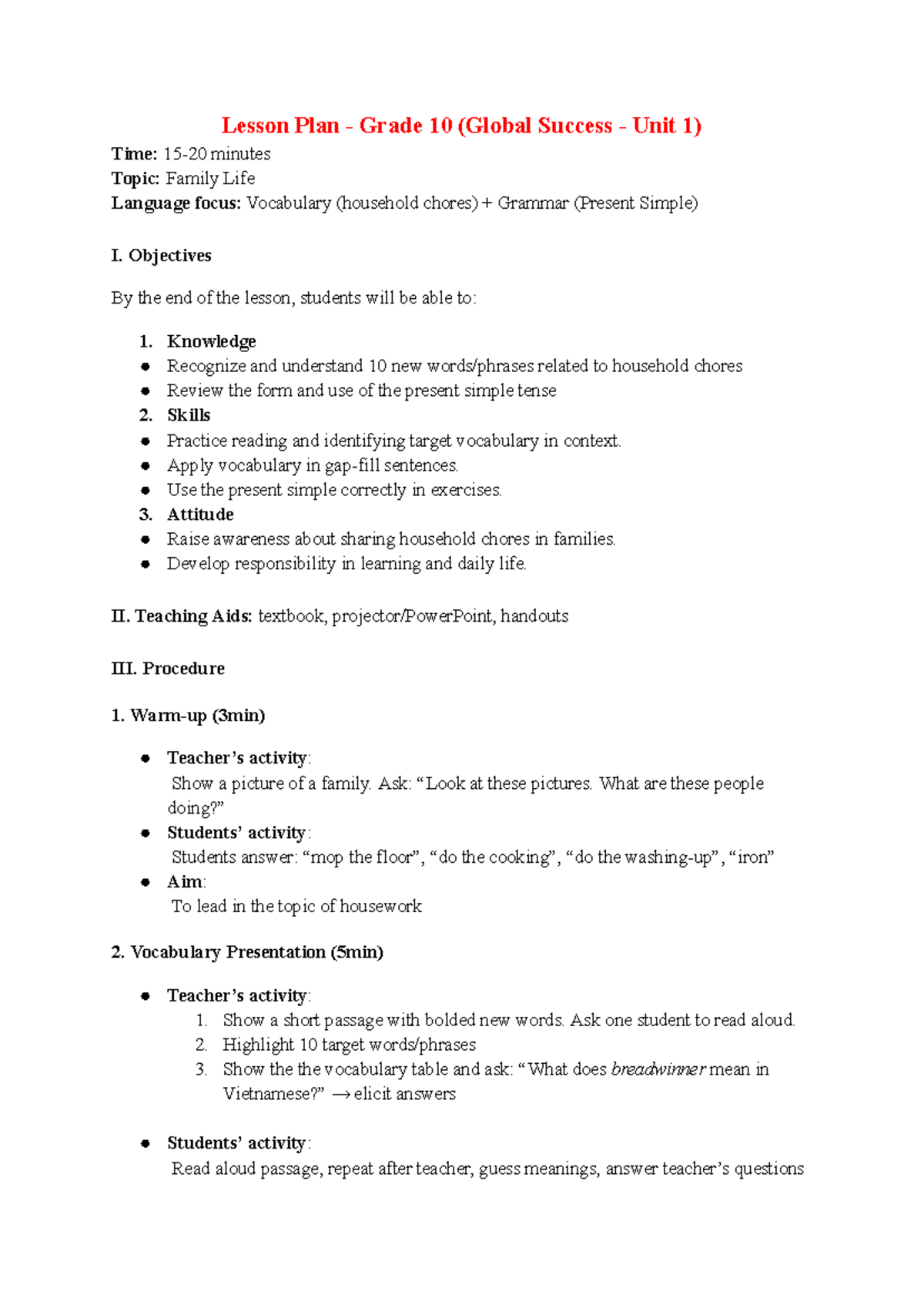 Lesson Plan - Grade 10 (Global Success Unit 1) on Family Life - Studocu