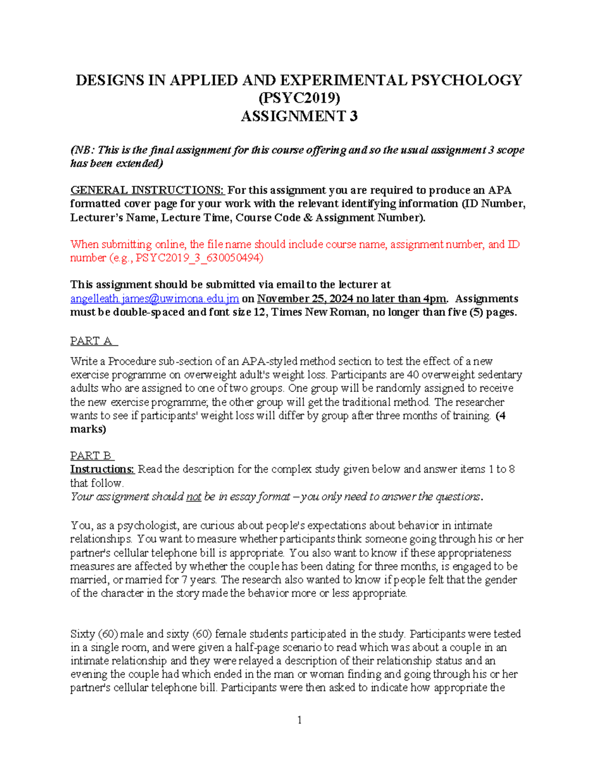 Assignment 3- Final Assignment - DESIGNS IN APPLIED AND EXPERIMENTAL PSYCHOLOGY (PSYC2019) - Studocu