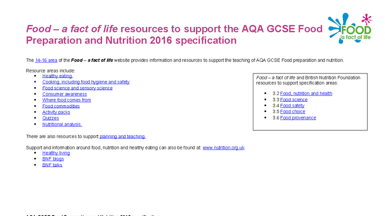 AQA GCSE Food Preparation & Nutrition Resources (2016) - Studocu