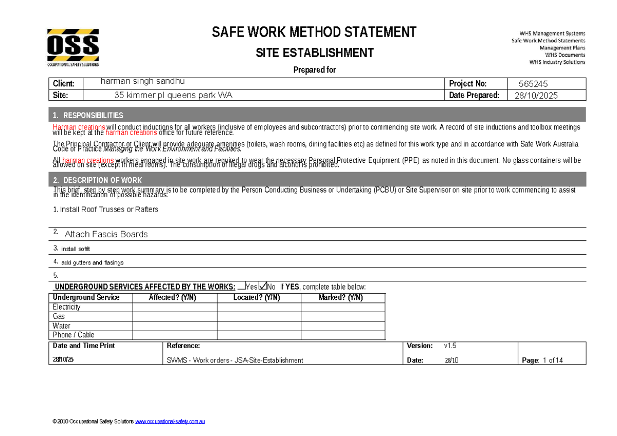 Cpccca 3008 8A SWMS - Site Establishment Safety Procedures - Studocu