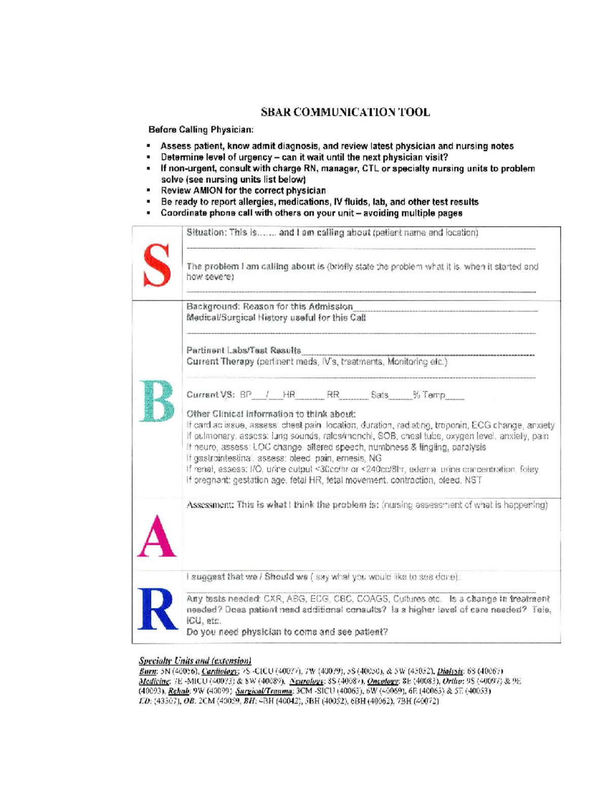 SBAR Communication Tool Cheat Sheet for Patient Calls - Studocu