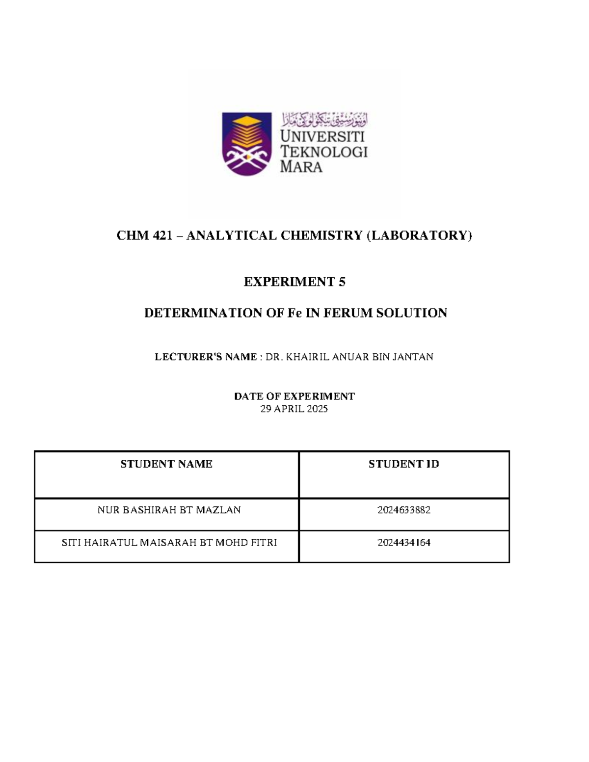 CHM 421 Analytical Chemistry Lab: Experiment 5 - Determining Fe in ...