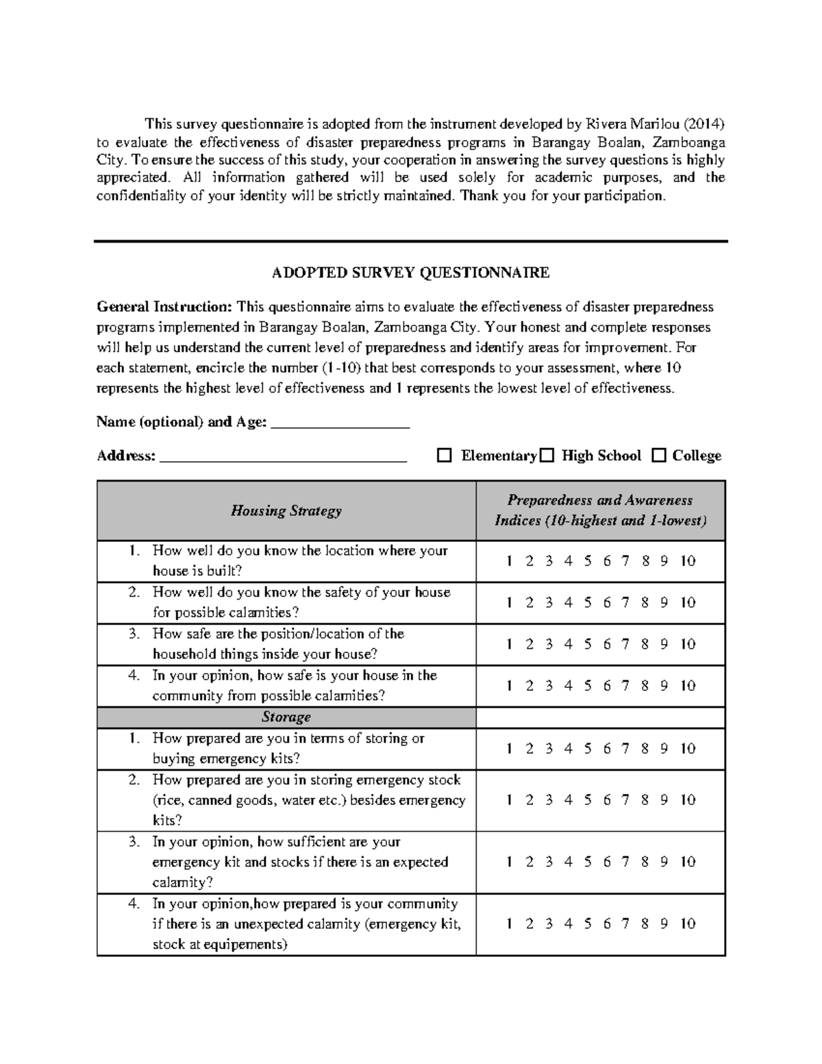 Adopted Survey Questionnaire on Disaster Preparedness Evaluation - Studocu