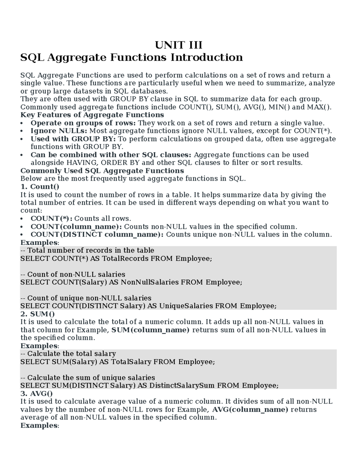UNIT III DBMS Complete - SQL Aggregate Functions & Set Operations - Studocu
