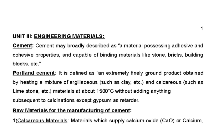 ENGR 101: Unit 1 - Engineering Materials: Cement Overview and Properties - Studocu