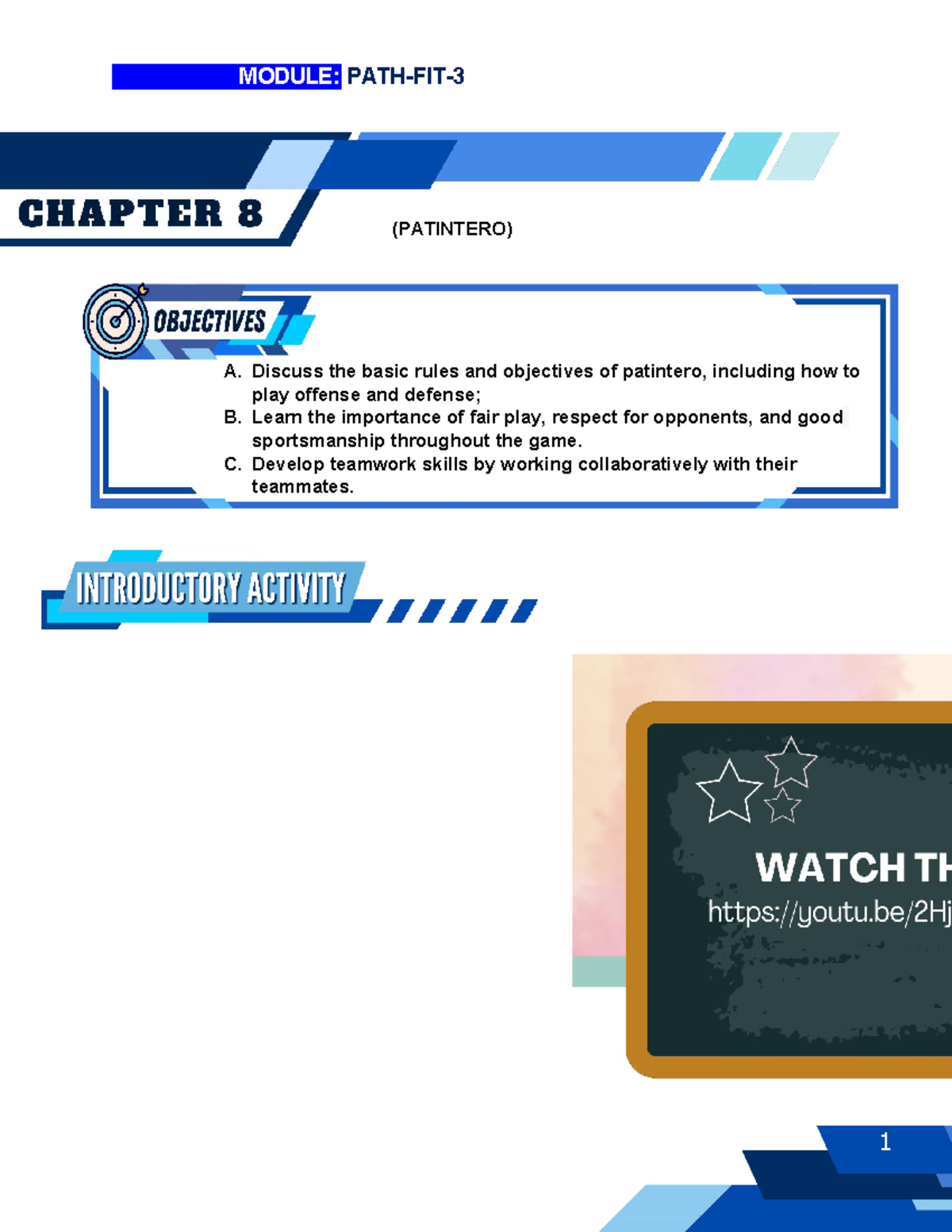 PE 3 Pathfit 3 Chapter 8 Overview and Rules of Patintero Game - Studocu