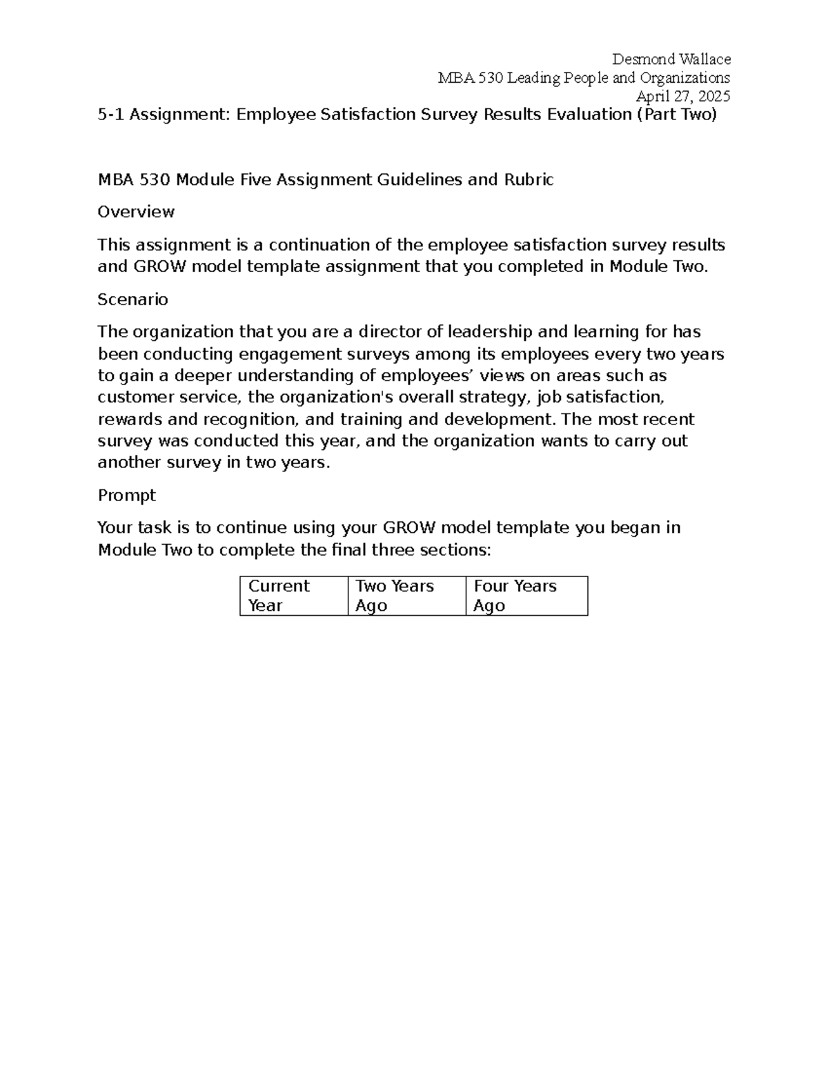 MBA 530 5-1 Assignment: Employee Satisfaction Survey Results Evaluation ...