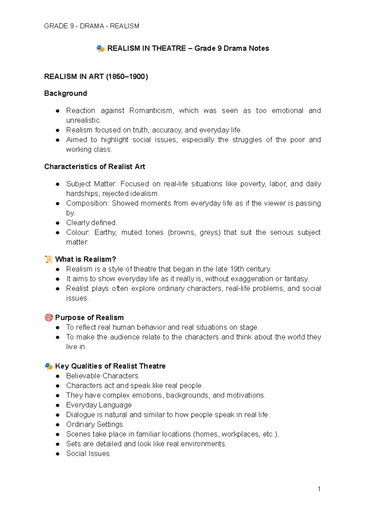 Realism in Theatre – Grade 9 Drama Notes Overview - Studocu