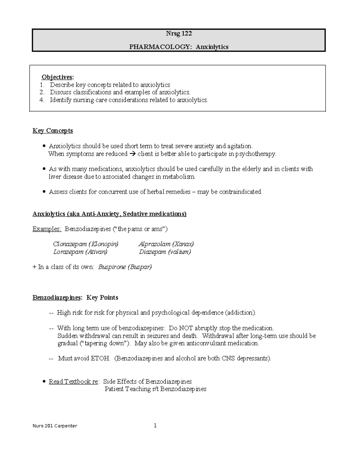 Pharmacology Notes: Anxiolytics Overview & Key Points (NRSG 122) - Studocu