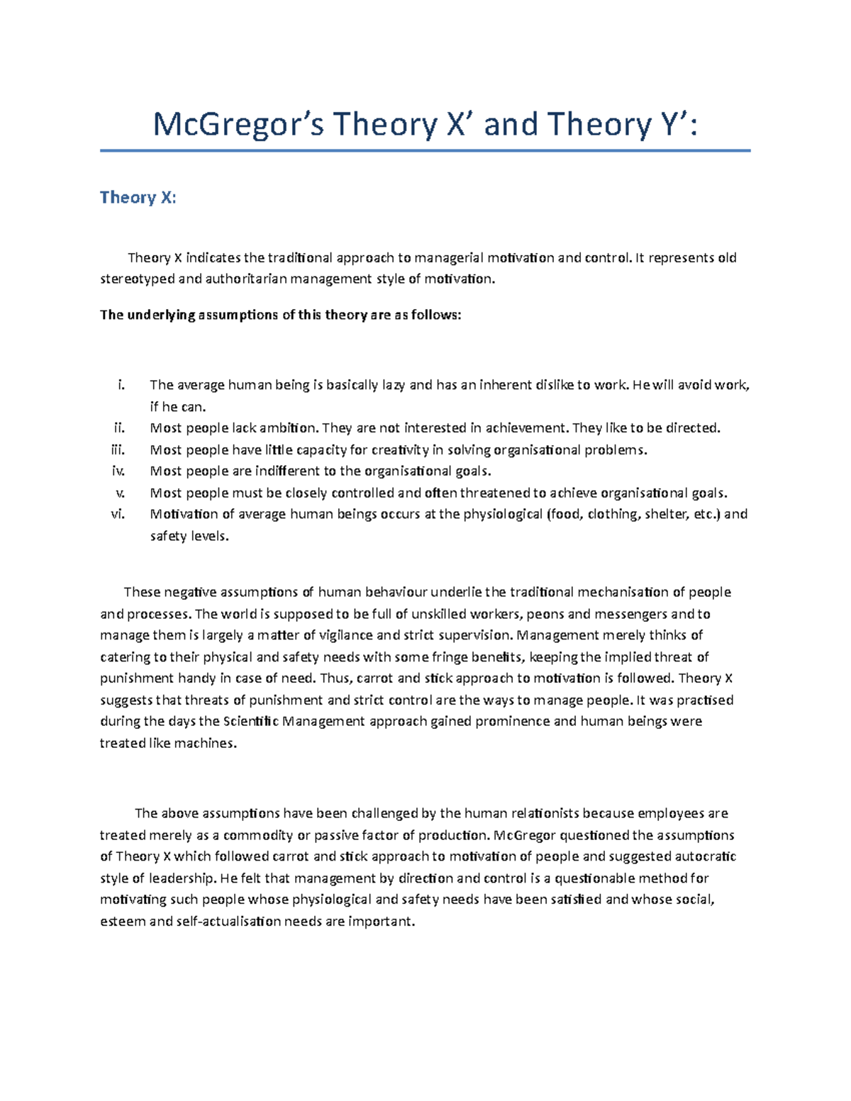 McGregor’s Theory X & Y: Understanding Motivation in Management - Studocu