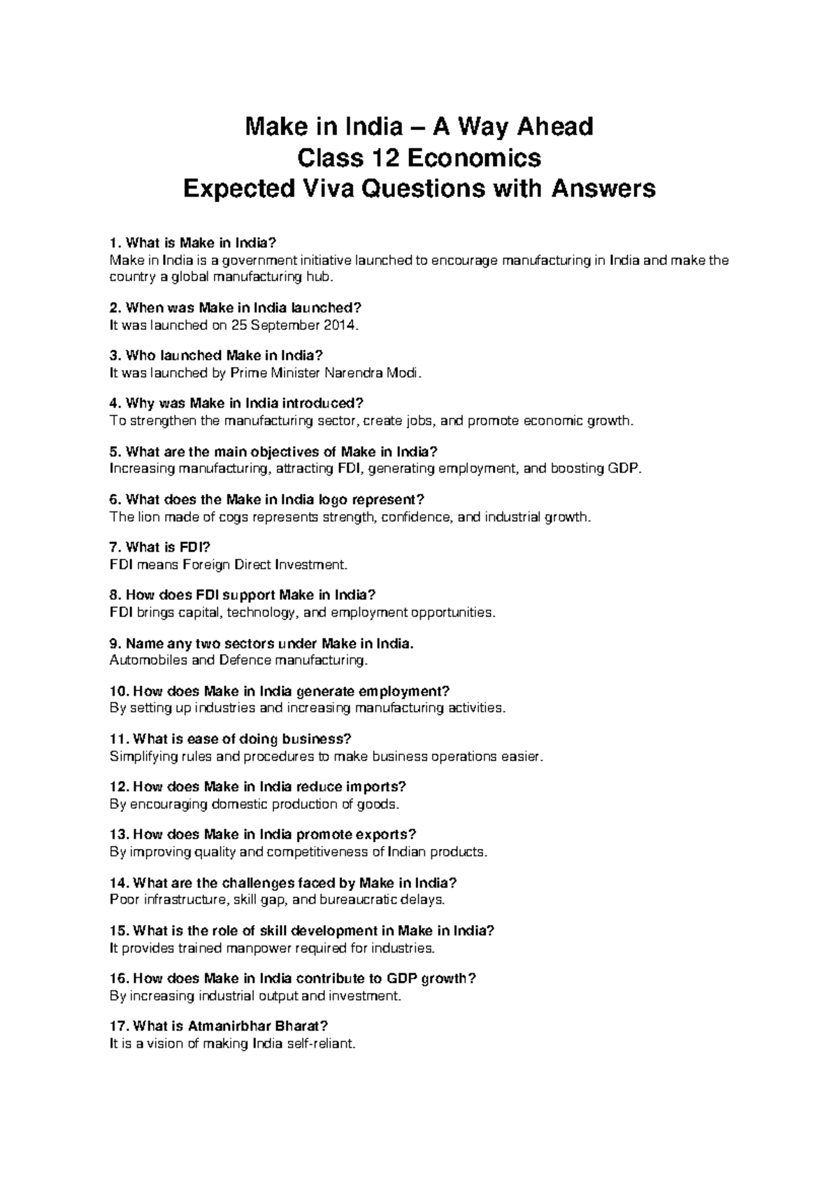 Make in India: Expected Viva Questions & Answers for Class 12 - Studocu