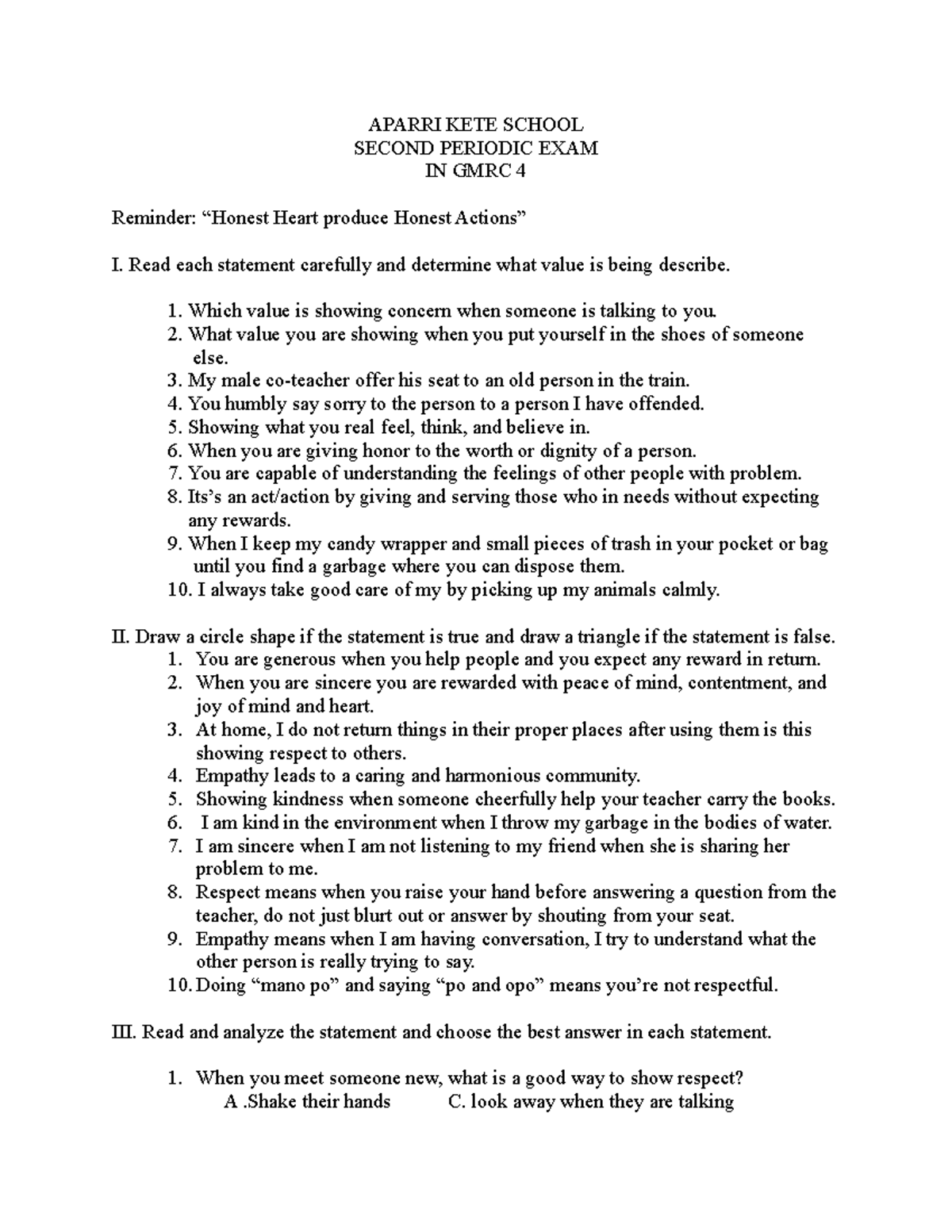 Second Grading GMRC 4 Exam: Values Assessment and Analysis - Studocu