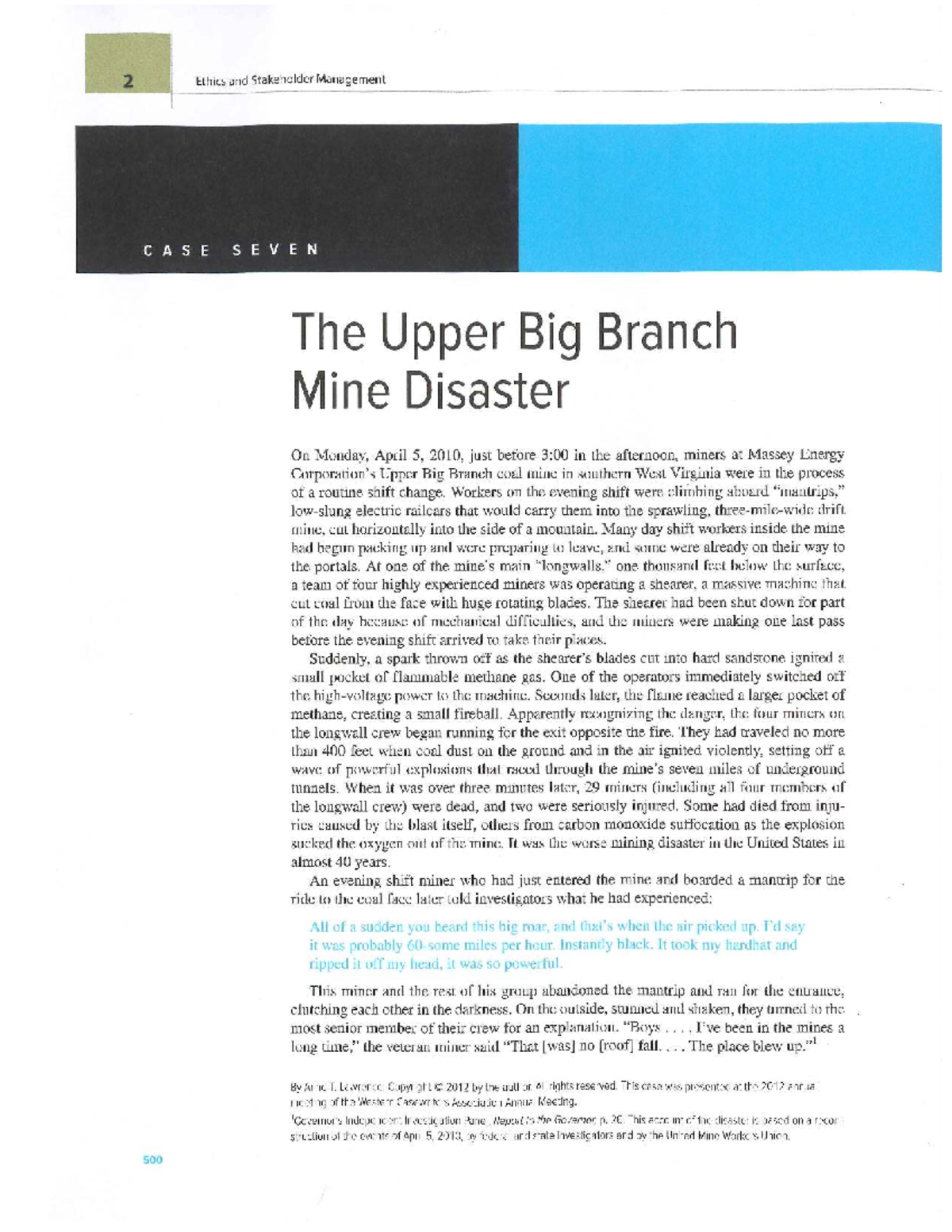 CASE 500 Ethics and Stakeholder Management: The Upper Big Branch Mine ...