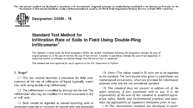 D3385-18 Standard Test Method for Soil Infiltration Rate - Studocu