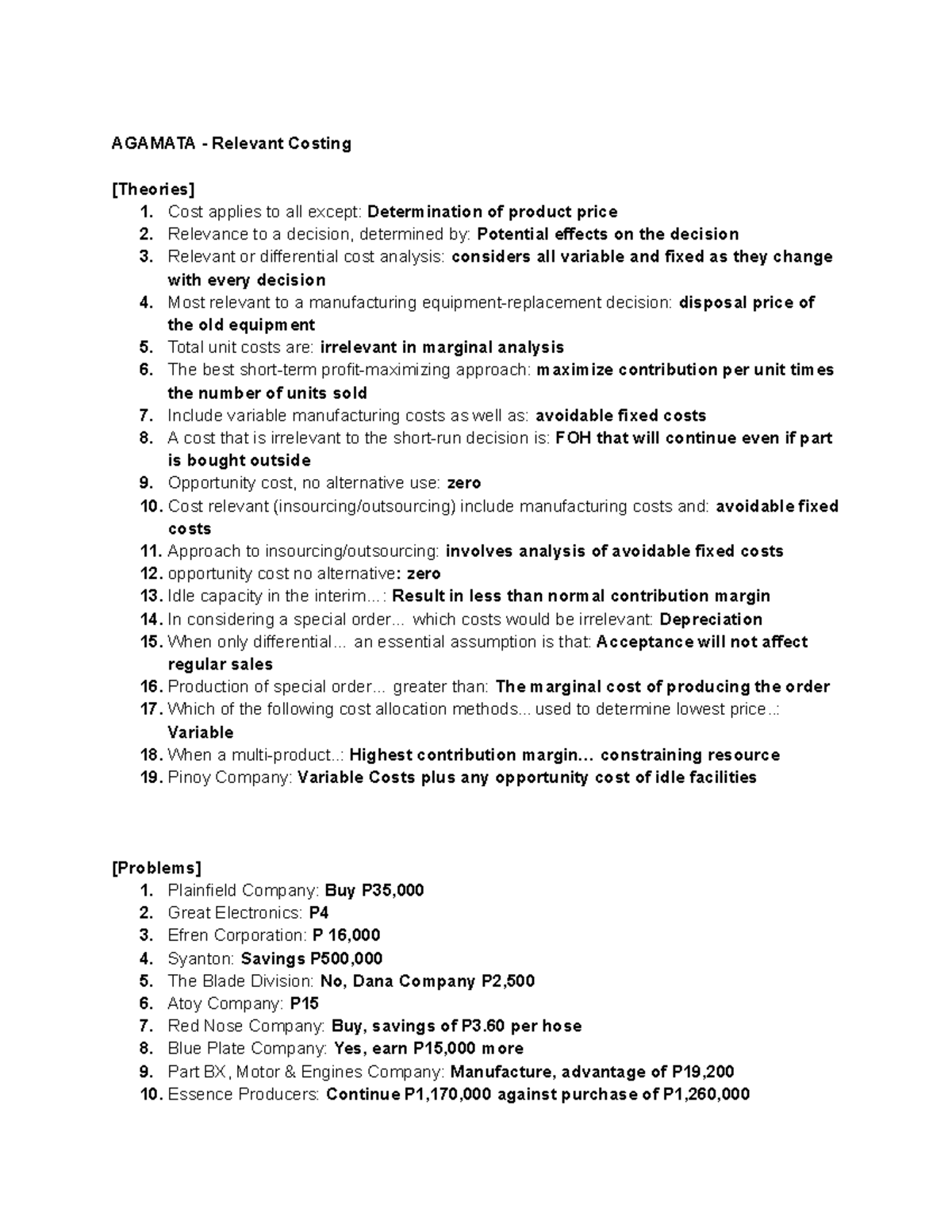 AGAMATA - Relevant Costing & Master Budgeting Study Notes - Studocu