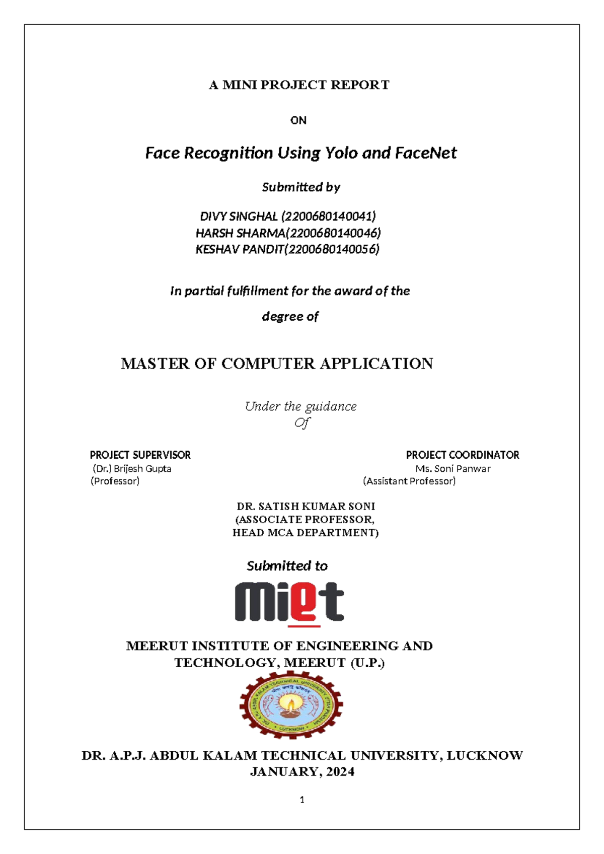 MCA Final Year Project Report on Face Recognition Using YOLO & FaceNet ...