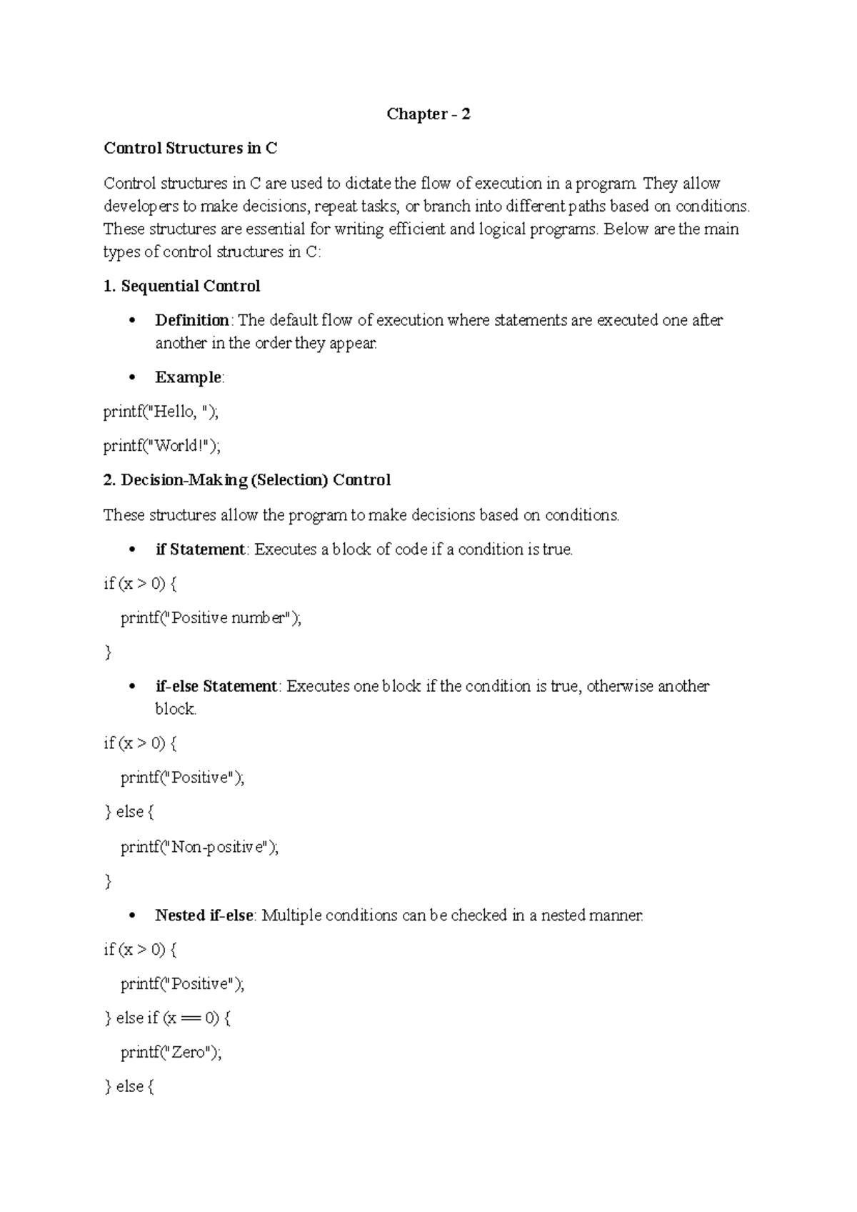 Chapter 2 & 4: Control Structures in C Programming - Studocu