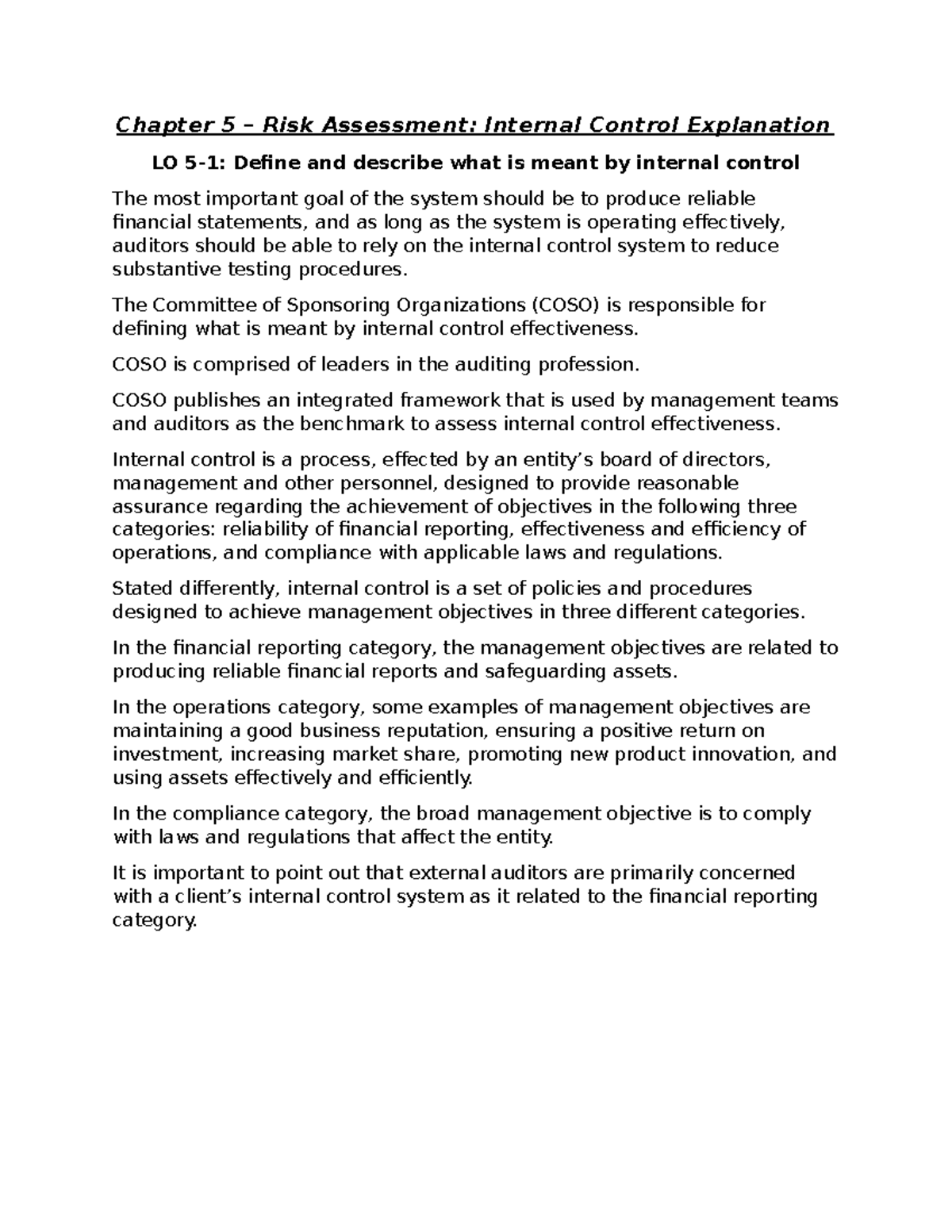 Notes for Chapter 5: Risk Assessment & Internal Control Evaluation ...