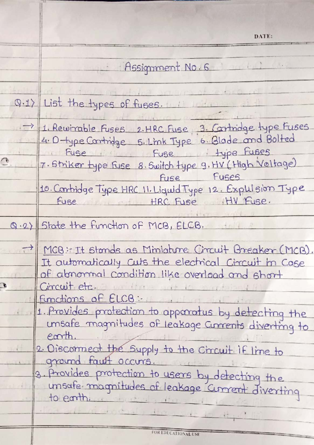 Assignment No. 6: HRC Fuses and Electrical Safety Concepts - Studocu