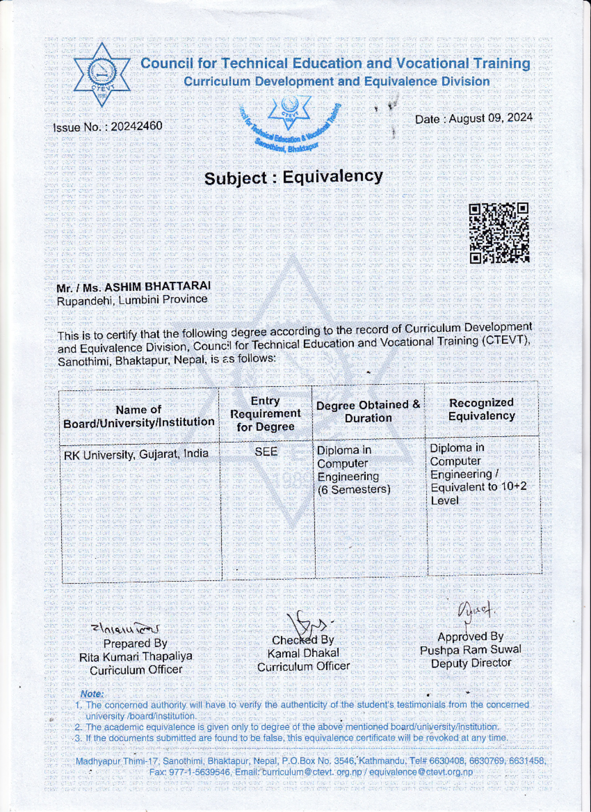 CTEVT 1989 Equivalency Certificate for Diploma in Computer Engineering ...